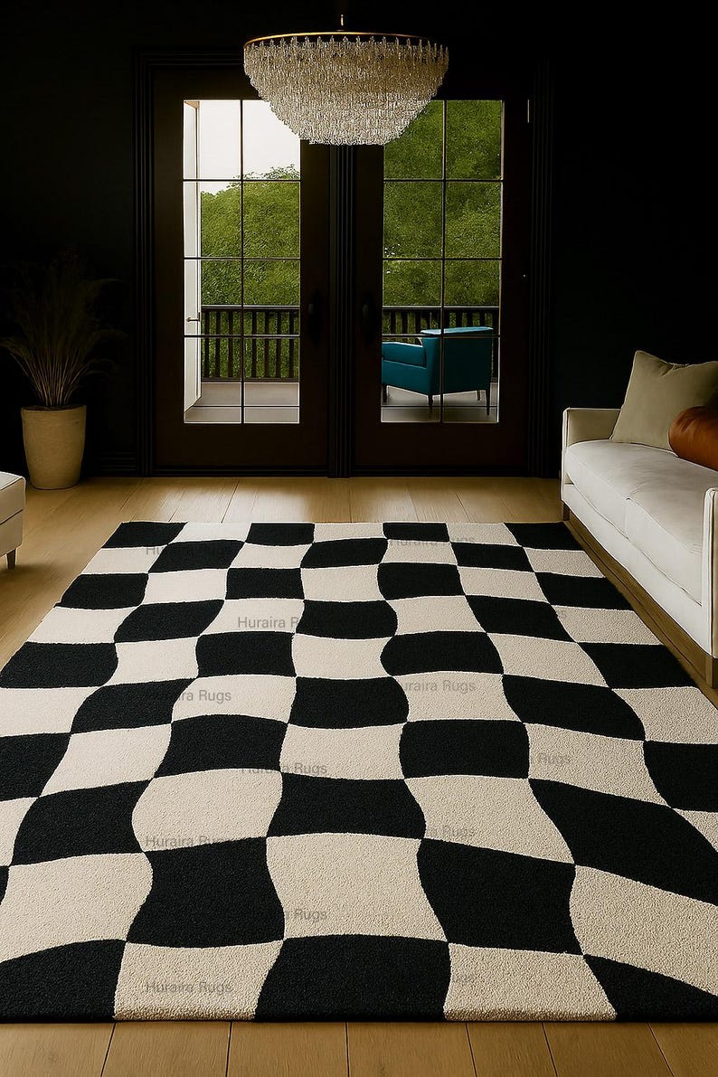 Checkerboard Hand-tufted Wool Rug: Modern Black White 8x10 Living Room ...