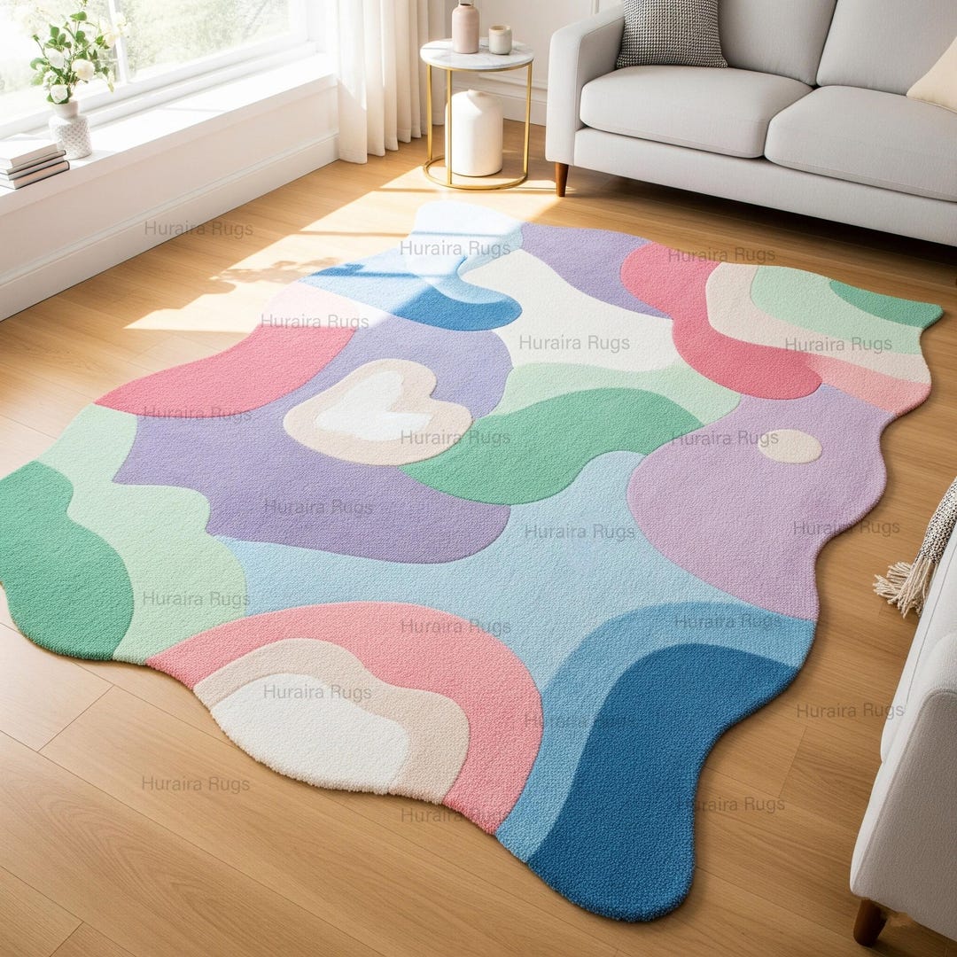 Hand Tufted Rug 8x10: Pastel Wool Cotton Wavy Geometric Design - Etsy