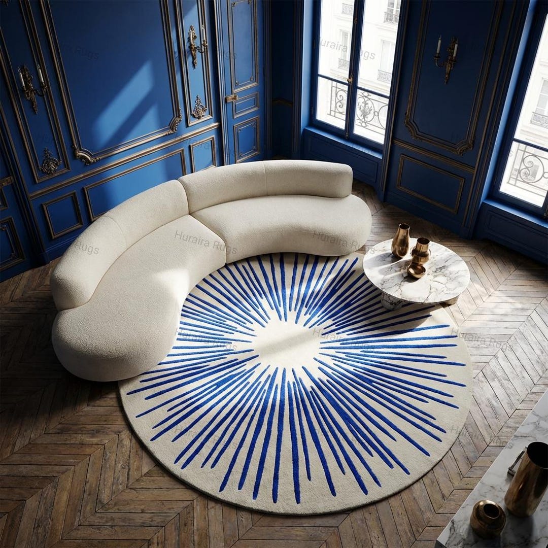 Hand Tufted Rug Blue Ivory 7x7 Sunburst Pattern Custom Abstract Circle ...