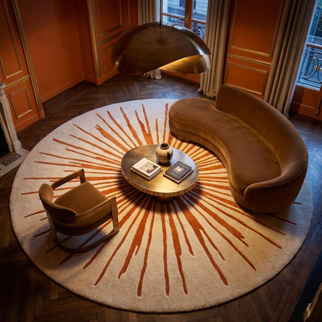 Sunburst Rug: Hand Tufted Wool 8x8 Round Beige Rust Geometric Area Rug ...