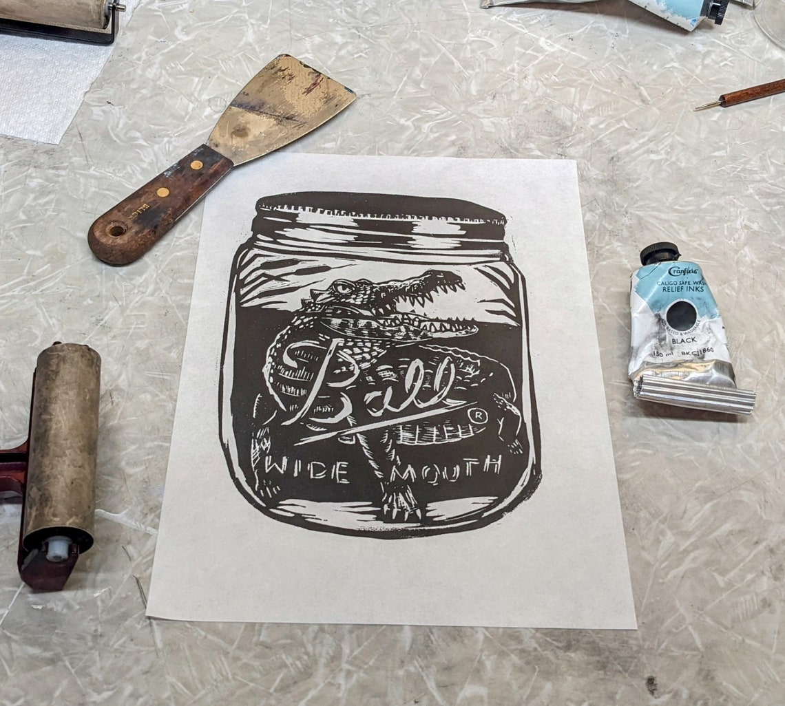Wide Mouth - 9x12" Original Linocut Block Print | Florida Alligator - Etsy