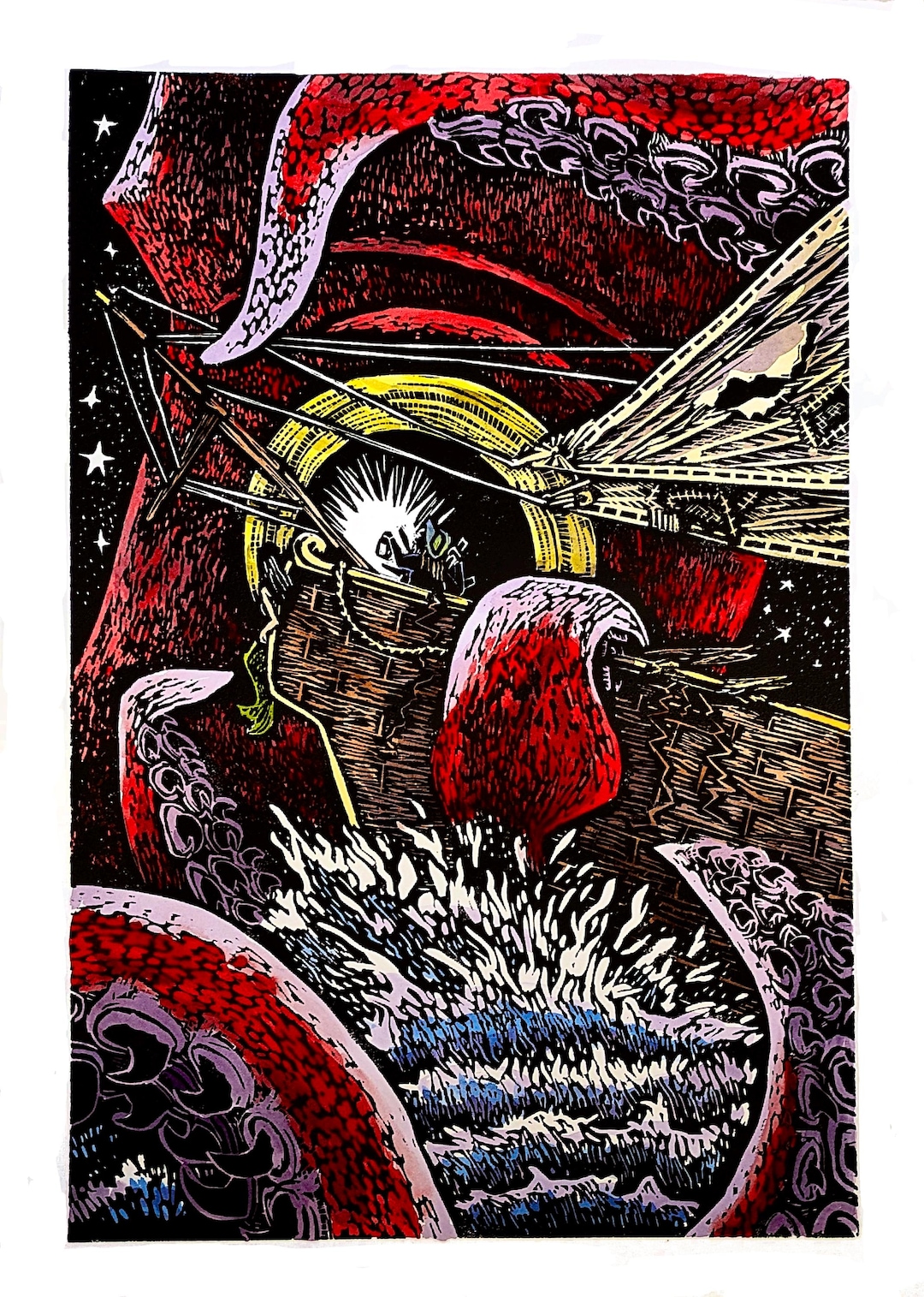 A Captain's Lament 20x14" | Hand Colored Lino Block Print - Etsy