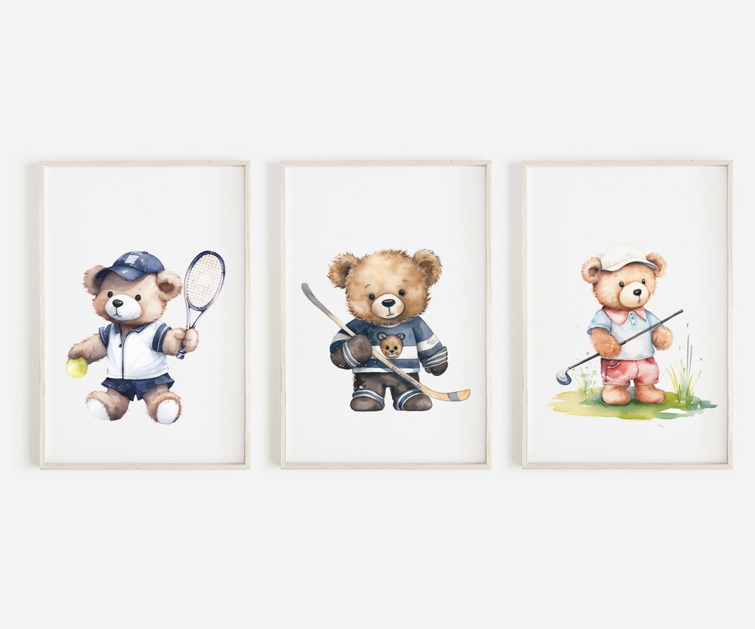 Teddy Bear's Playing Sports Nursery Wall Art, Tennis Teddy Bear, Gold ...