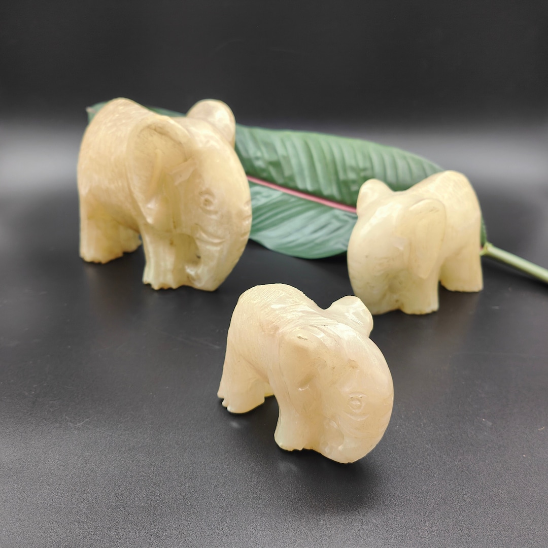 3x Elephant Figures Alabaster Carved Set Handmade Paperweight Statuette ...