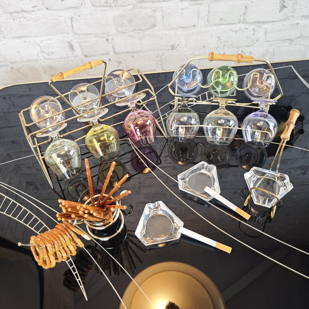Midcentury Party Set 1950s Snifter Glasses Colorful Ashtray Pretzel ...