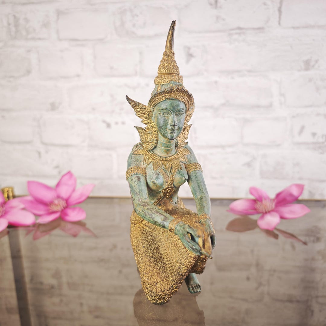 Bronze Deva Statue Boho Chic Temple Figure Patina Apsara Style Kneeling ...