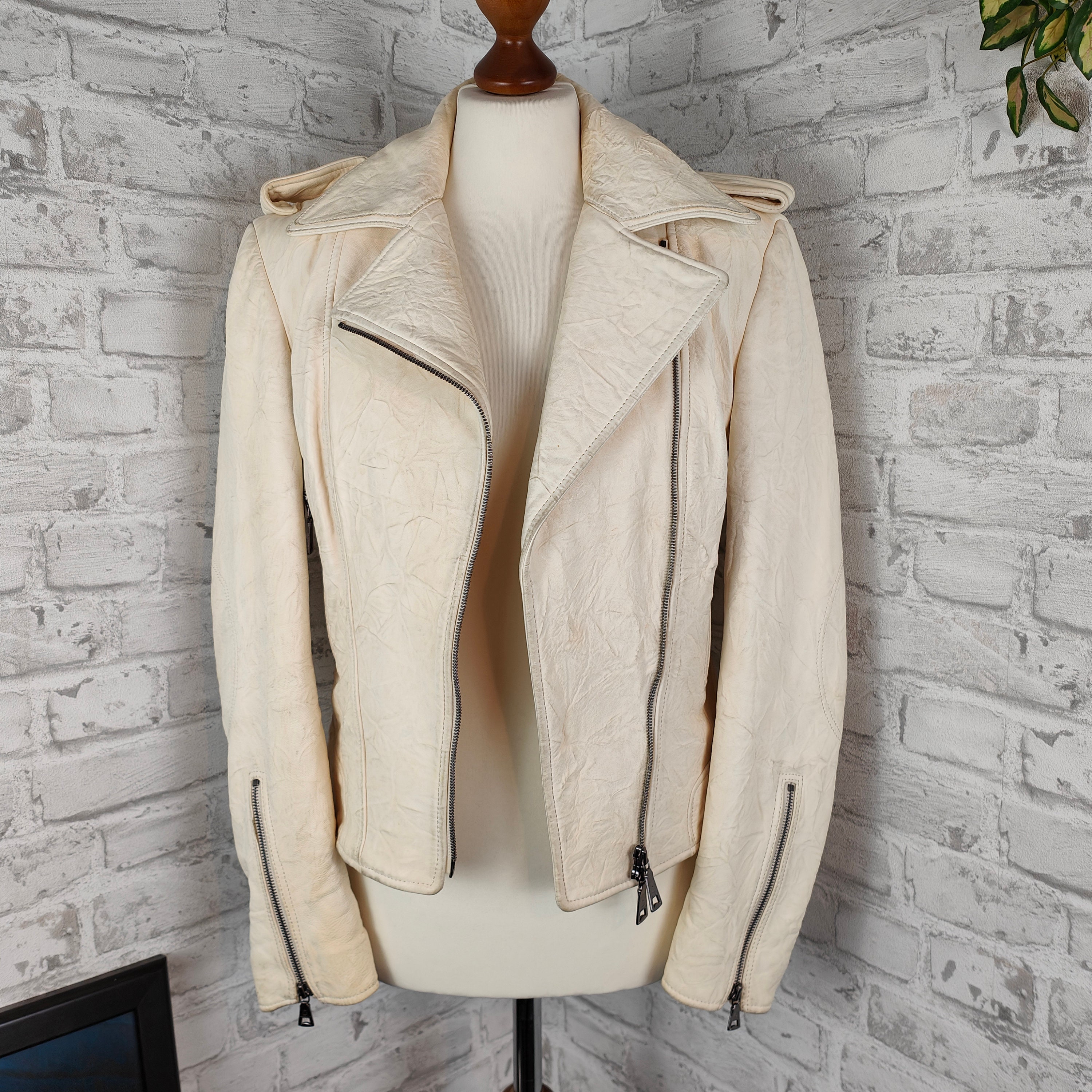 Leather Jacket Biker Style Cream-colored Lamb Nappa Crunched Kapraun ...