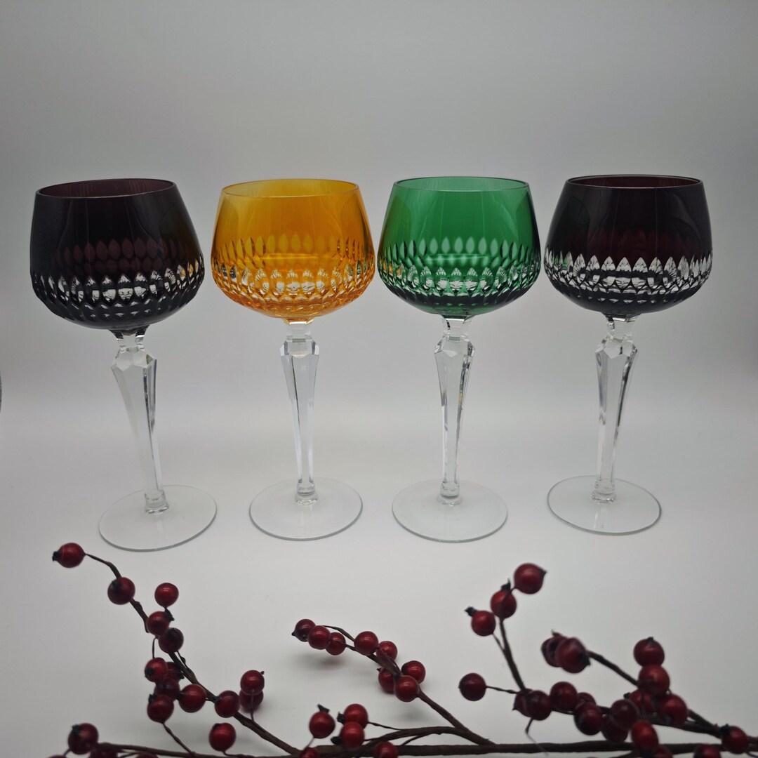 4x Wine Glass Crystal Roman Glass Diamond Cut Colorful 20 Cm Red Green ...