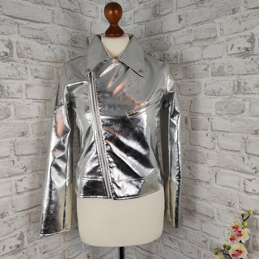 Smithroad Jacket Metallic Silver Shiny Biker Imitation Leather ...