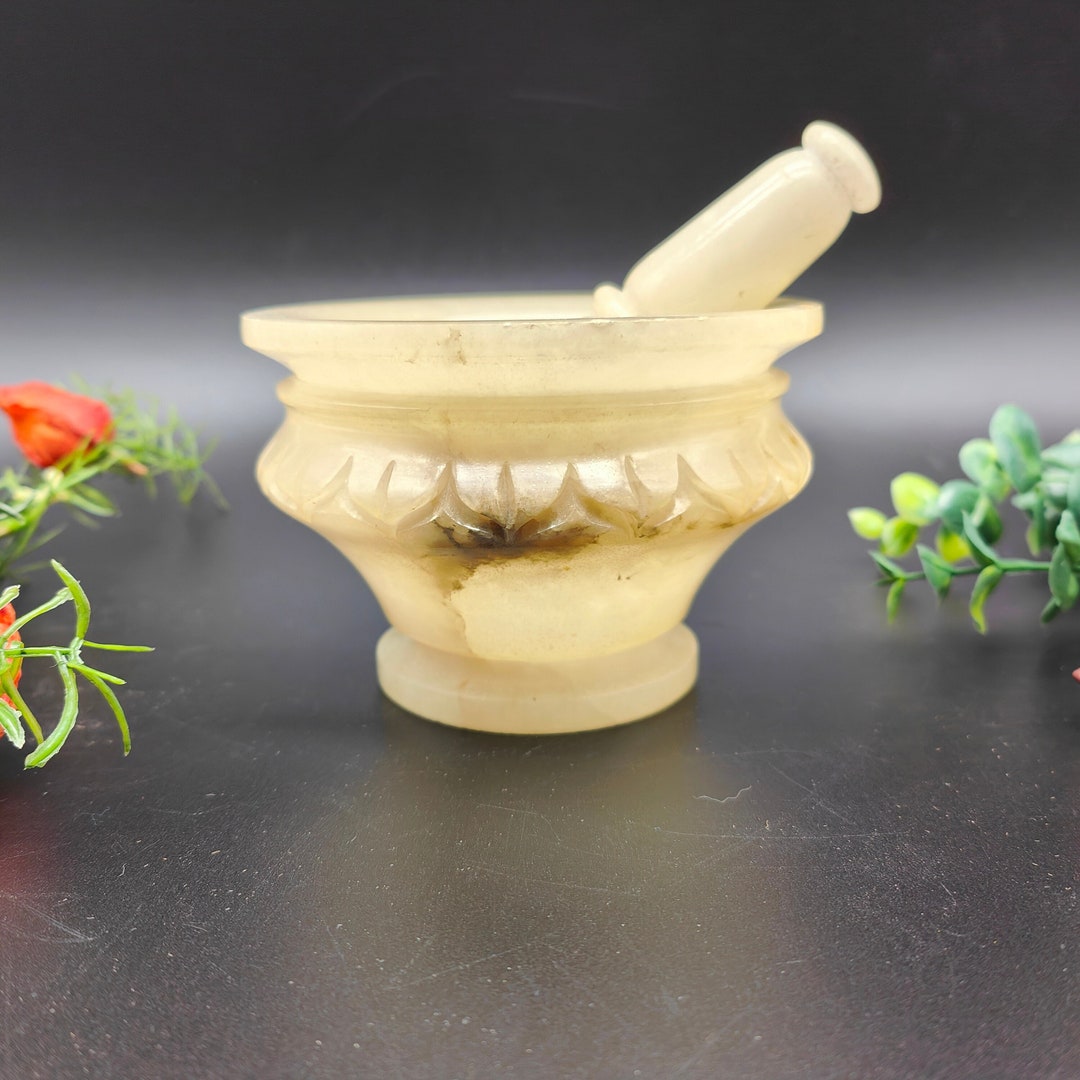 Mortar With Pestle Alabaster Carved Mortar Pestle Stone Base Spain ...
