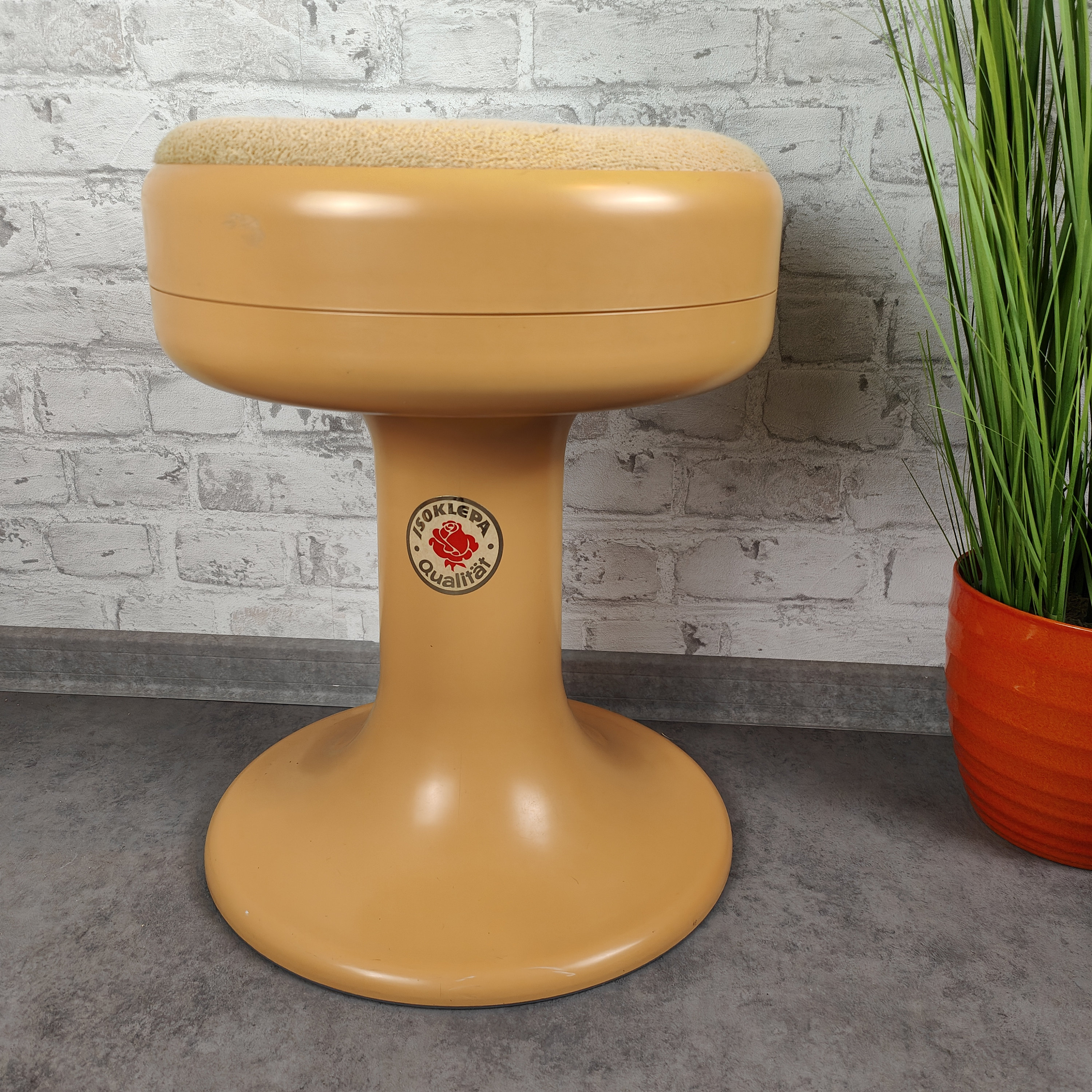 Isoklepa Stool 70s Yellow Upholstered Stool Tulip Pastel Plastic Textile Space Age Vintage ...