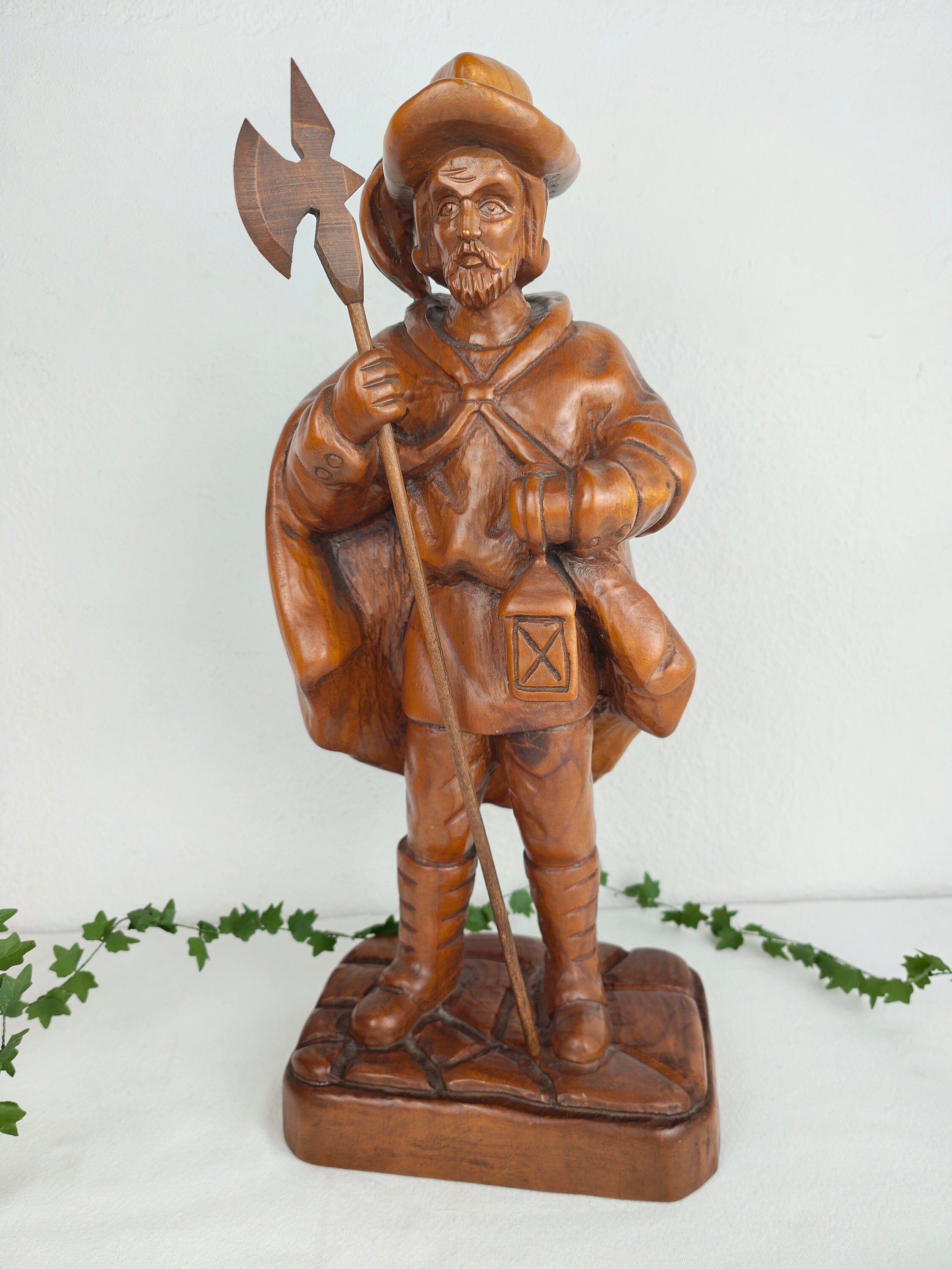 Wooden Figure Night Watchman Carving Lantern Halberd Handmade Spain ...