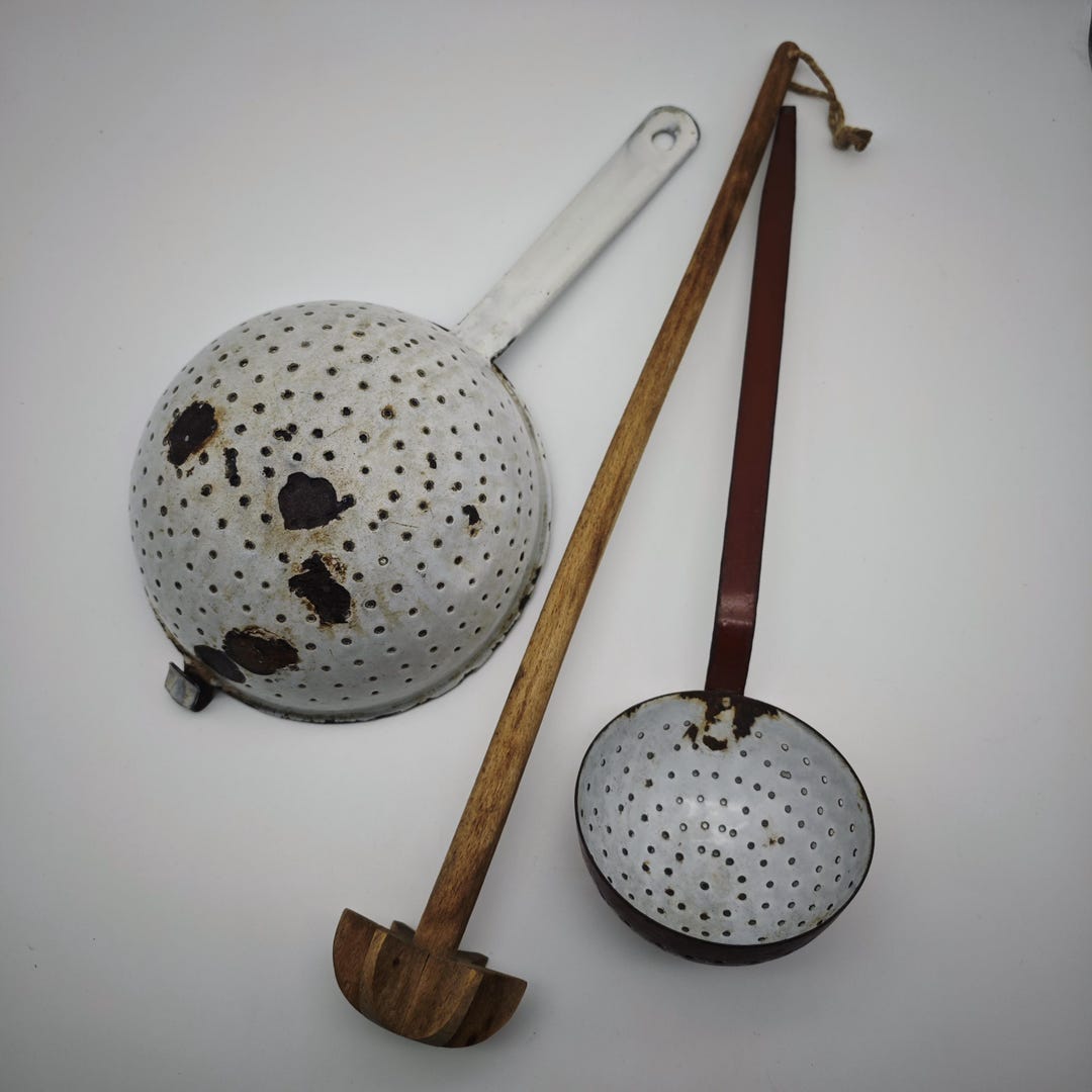 3x Antique Kitchen Utensils Sieve Skimmer Whisk Enamel Wood Vintage ...