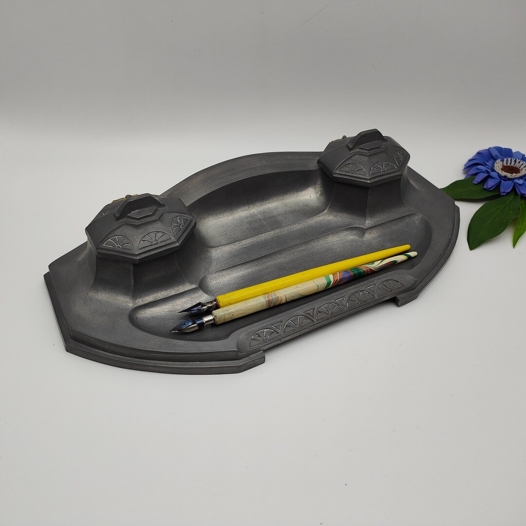 Inkwell Art Deco Desk Set Pewter Filing Calligraphy Office Organizer ...