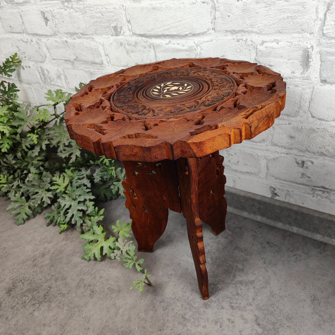 Tea Table Wood Carving With Inlays Flower Stool Flower Table Tripod ...