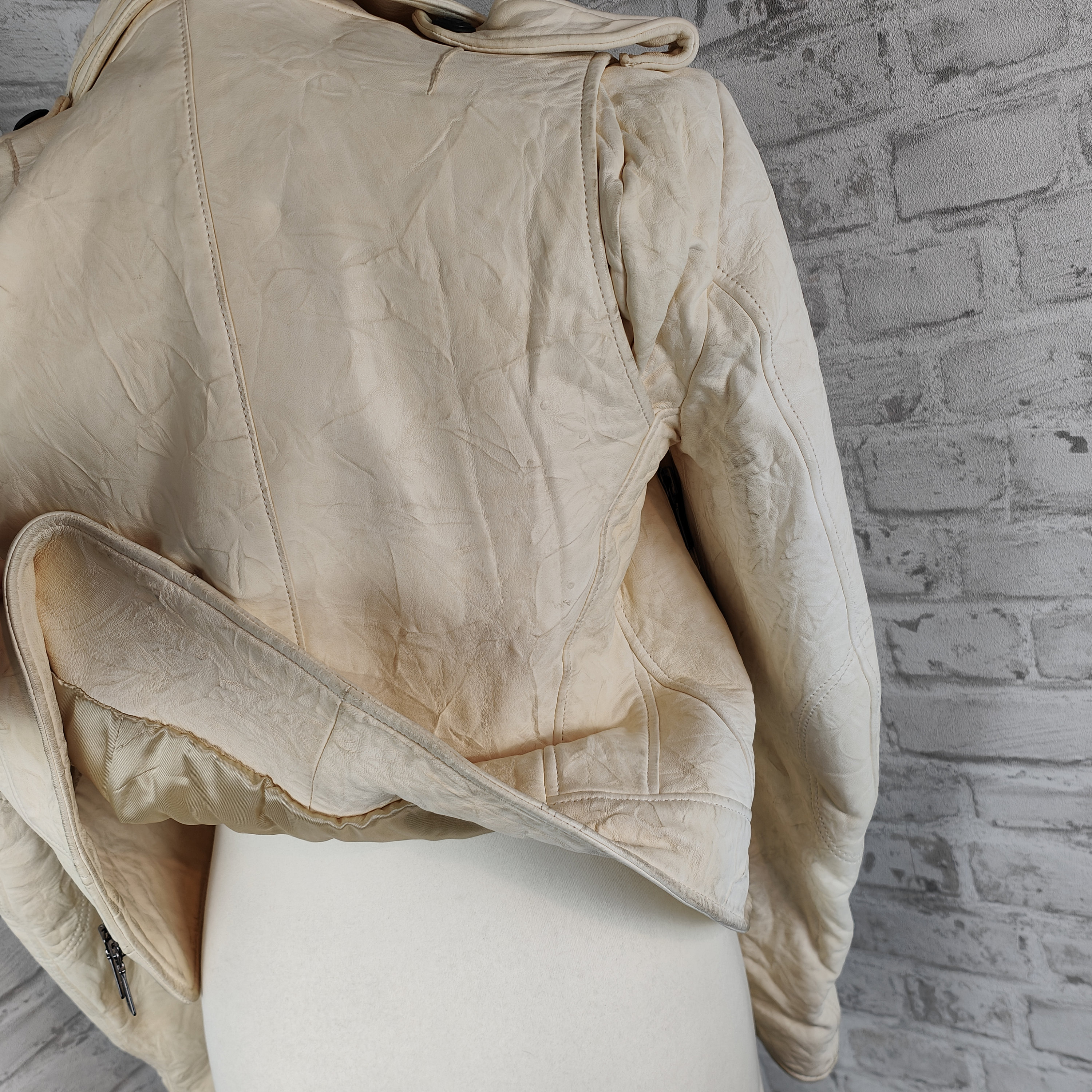 Leather Jacket Biker Style Cream-colored Lamb Nappa Crunched Kapraun ...