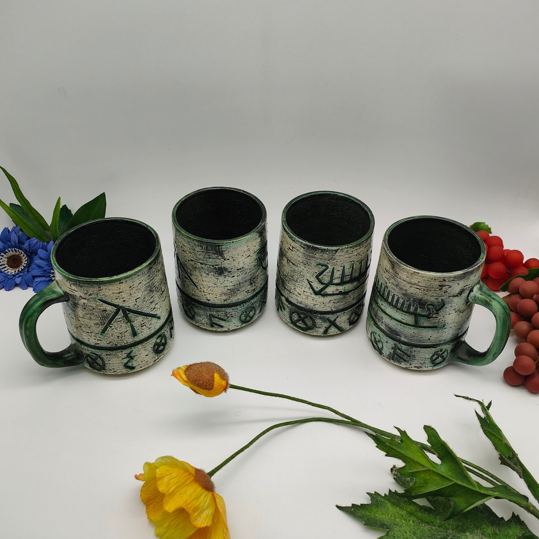 4x Viking Arol Norway Ceramic Mug Set White Green Runes Vintage Boat ...