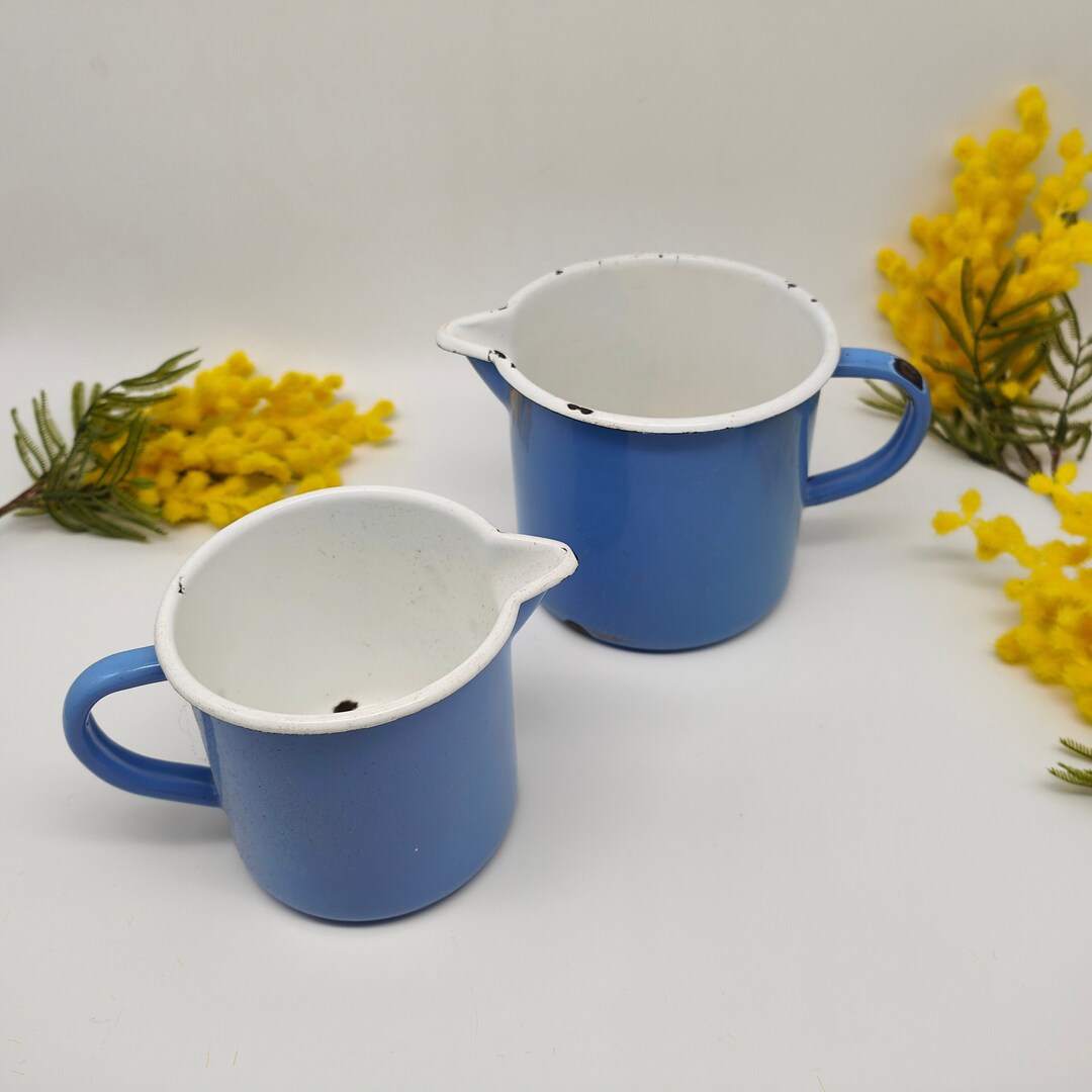 2x Enamel Milk Pot Set Milk Pot Blue Shabby Chic Pots Pourer Pot Pot ...