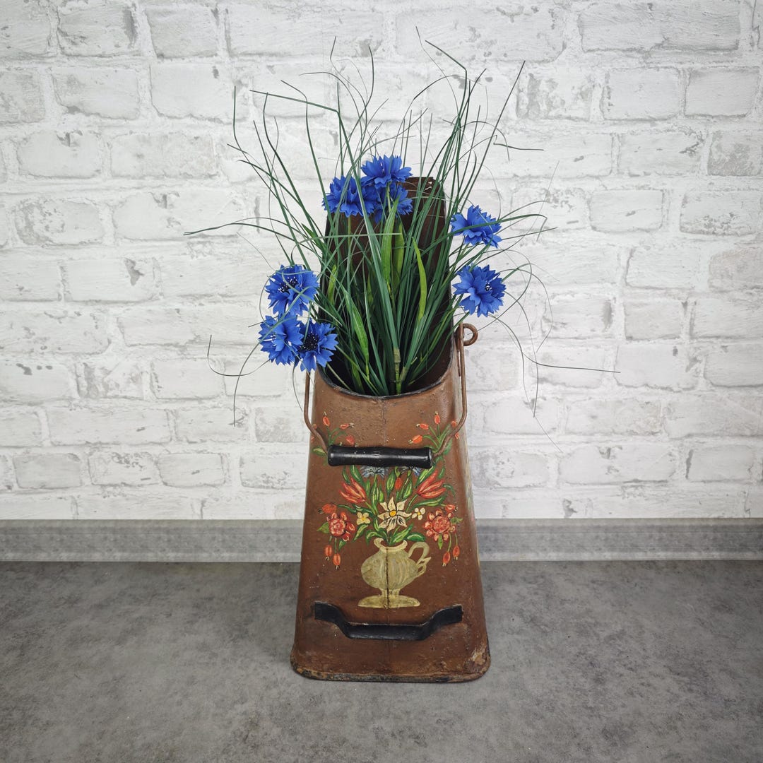 Vintage Coal Scuttle Metal Brown Hand-painted Peasant Painting Flowers ...