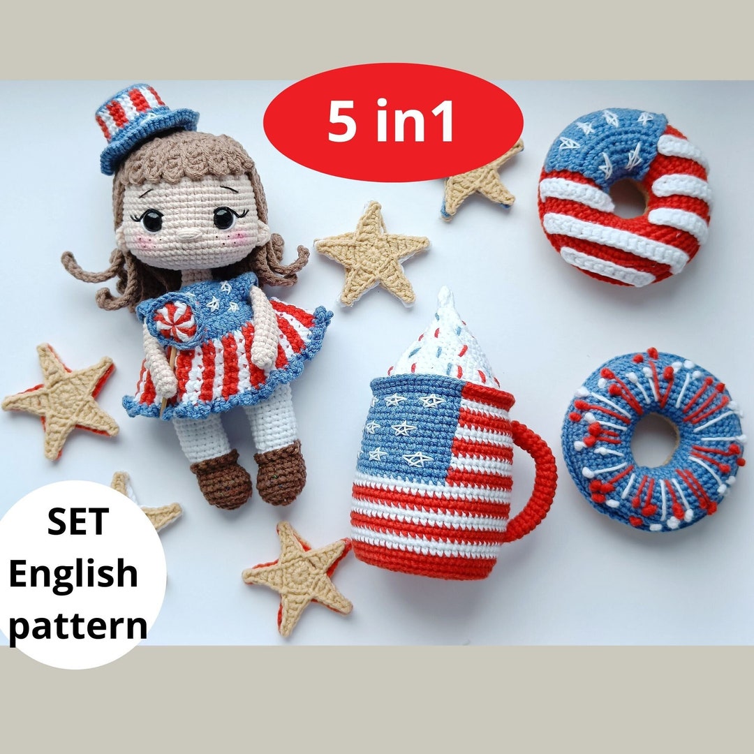 Independence Day Crochet Amigurumi Pattern: 5-in-1 Doll, Mugs, Donut ...