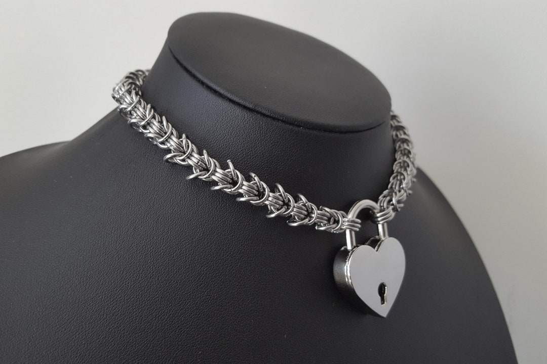 Rosetta Weave Chainmail Heart Lock Choker Necklace Stainless - Etsy ...