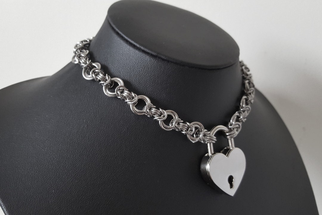 Mobius-byzantine Chainmail Heart Lock Choker / Necklace Stainless Steel ...