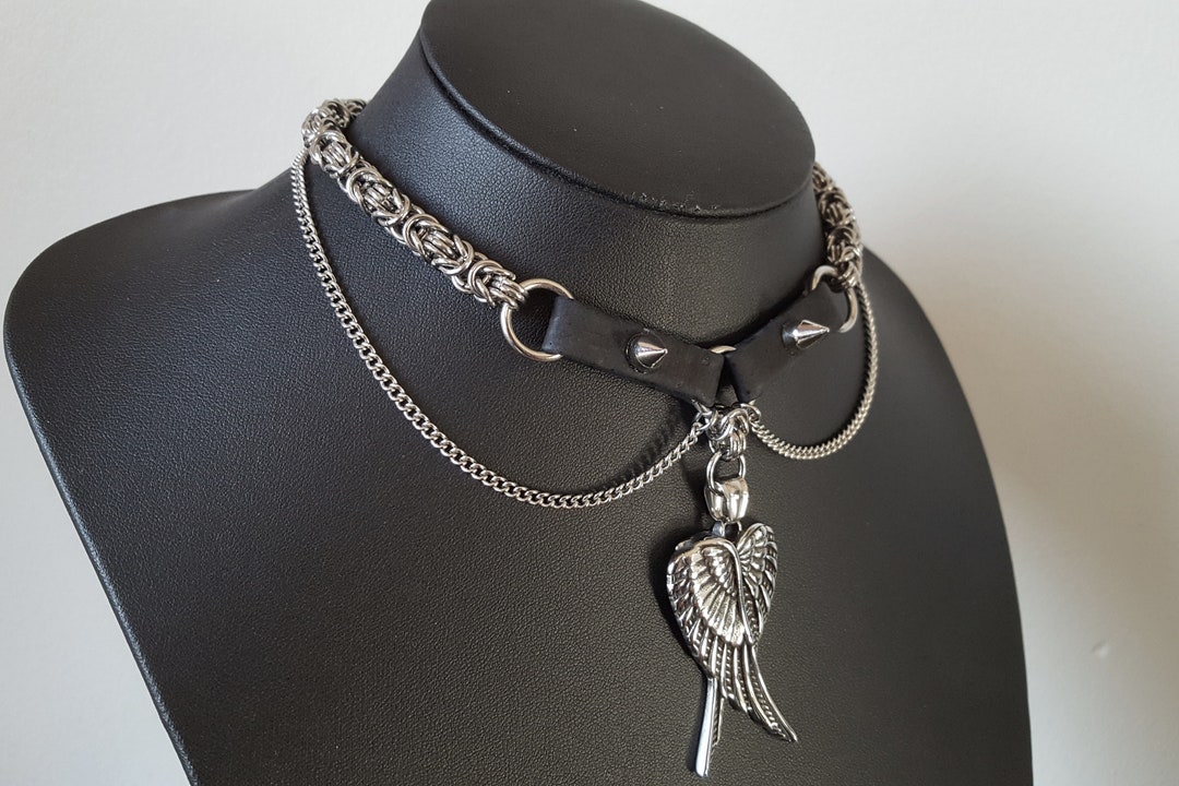 Chained Angel - Stainless Steel Angel Wings Pendant Choker - Studded ...