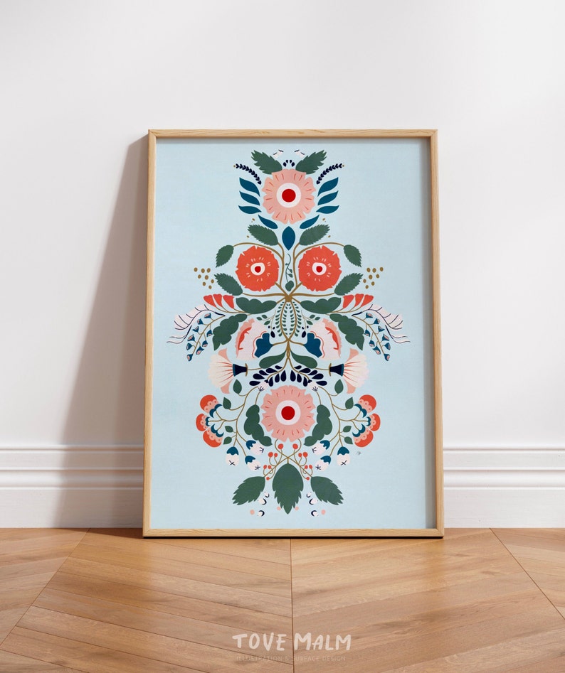Scandinavian Kurbits Art Print Vintage Retro Folk Floral Poster, Trendy ...