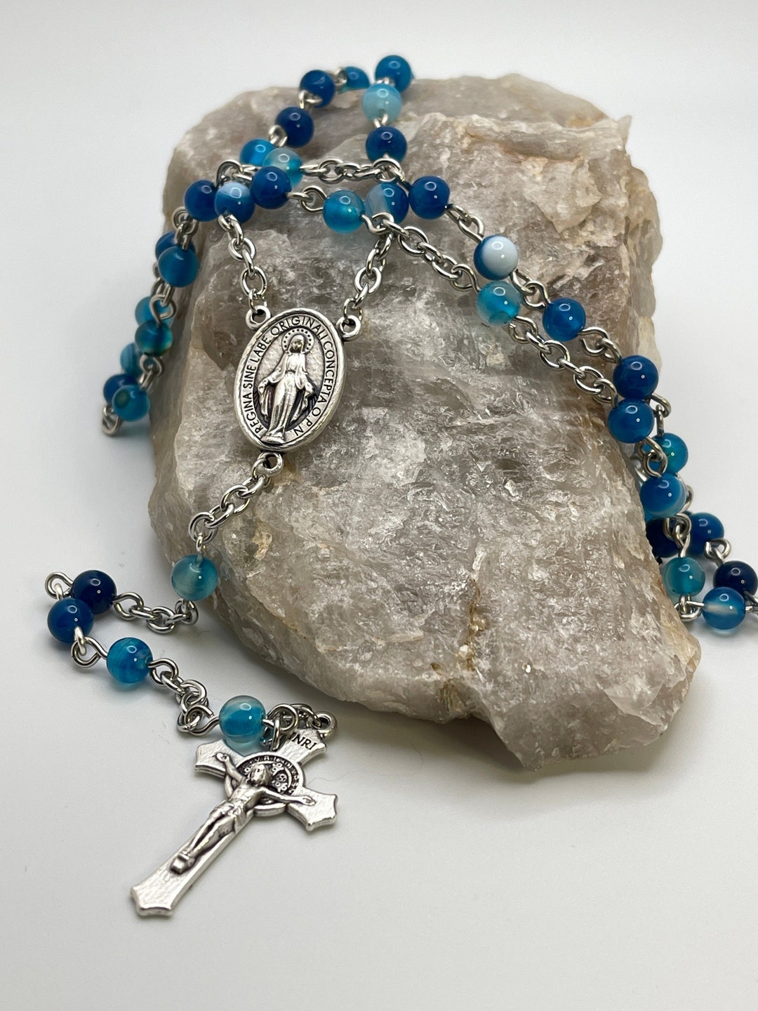 Beautiful Blue Dyed Agate Rosary With Silver Crucifix and Centerpiece ...