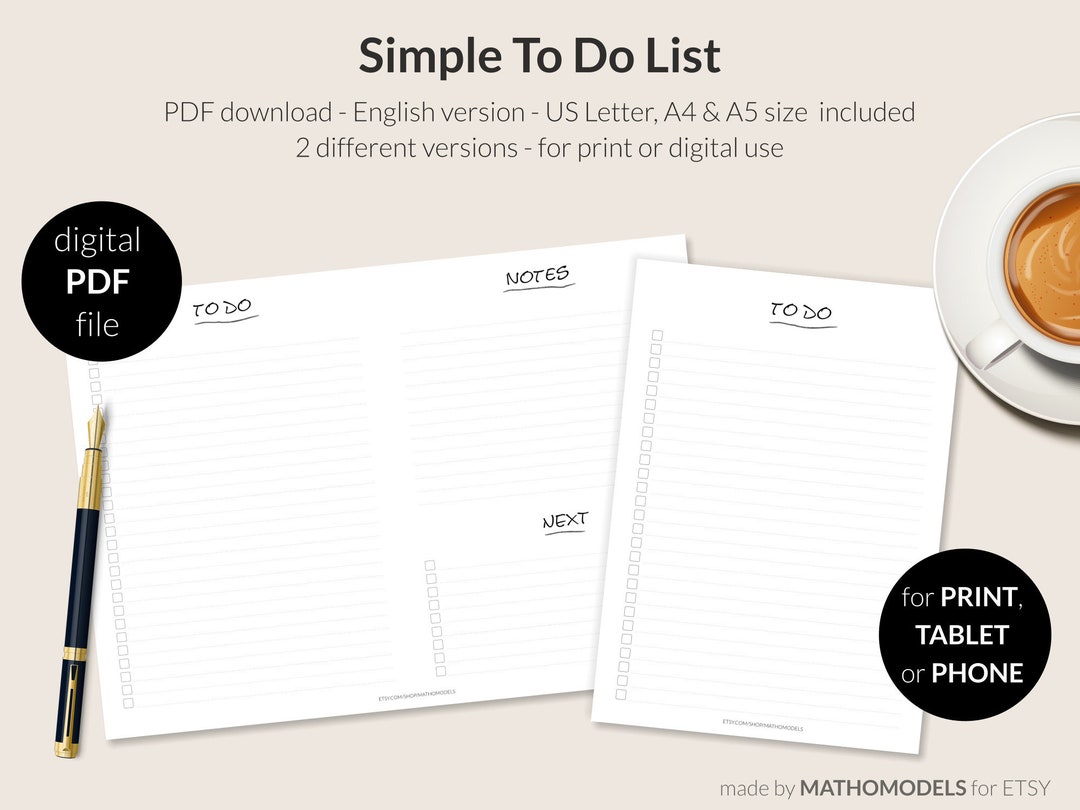 Simple to Do List, PDF Download, Print Yourself or Tablet Use, 2 ...
