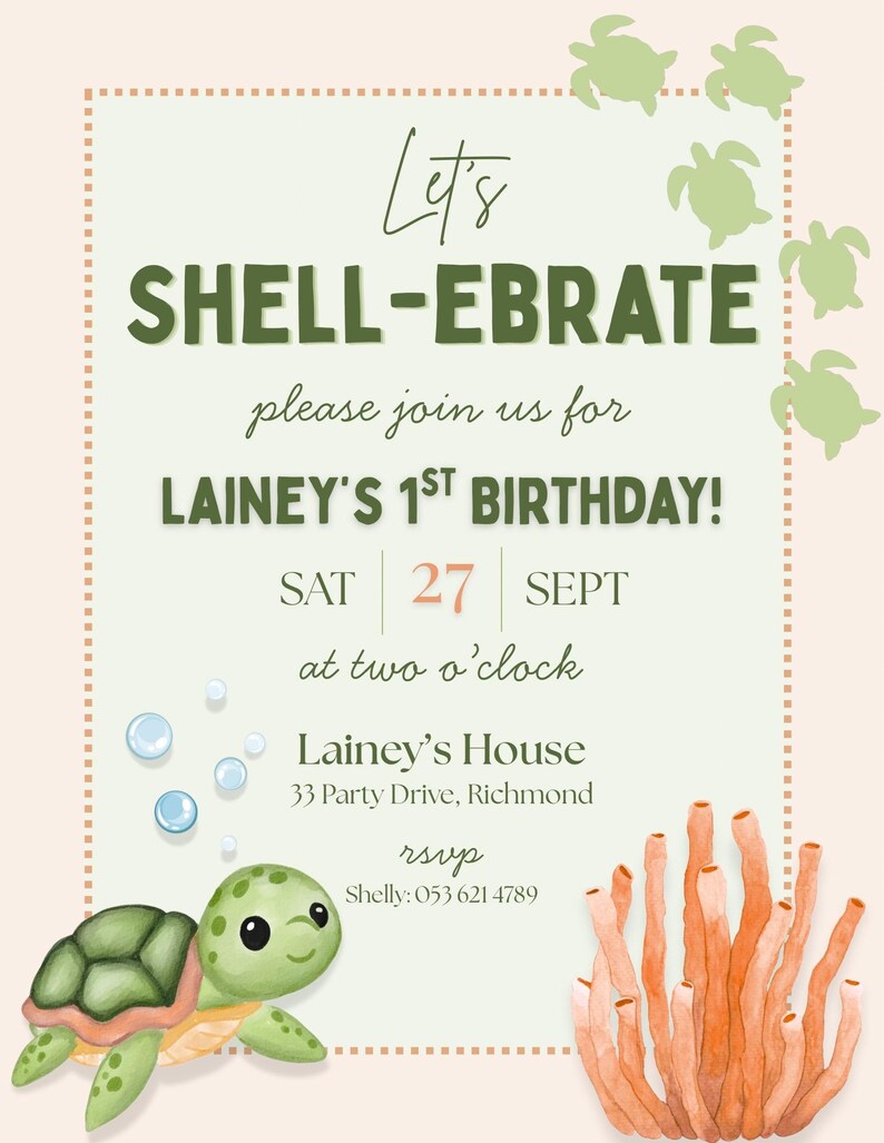 Kid's Party Invite, Turtle Theme Party Invite, Instant Download, Canva ...