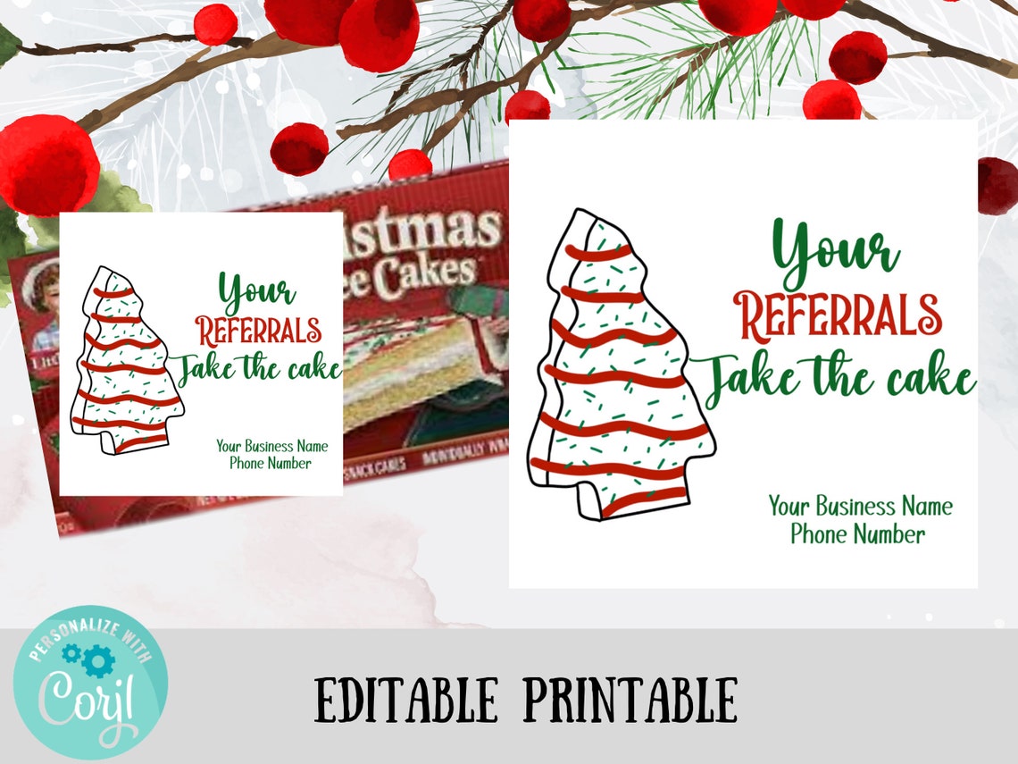 Editable Printable Little Debbie Tree Cake Business Referral Gift Tag ...