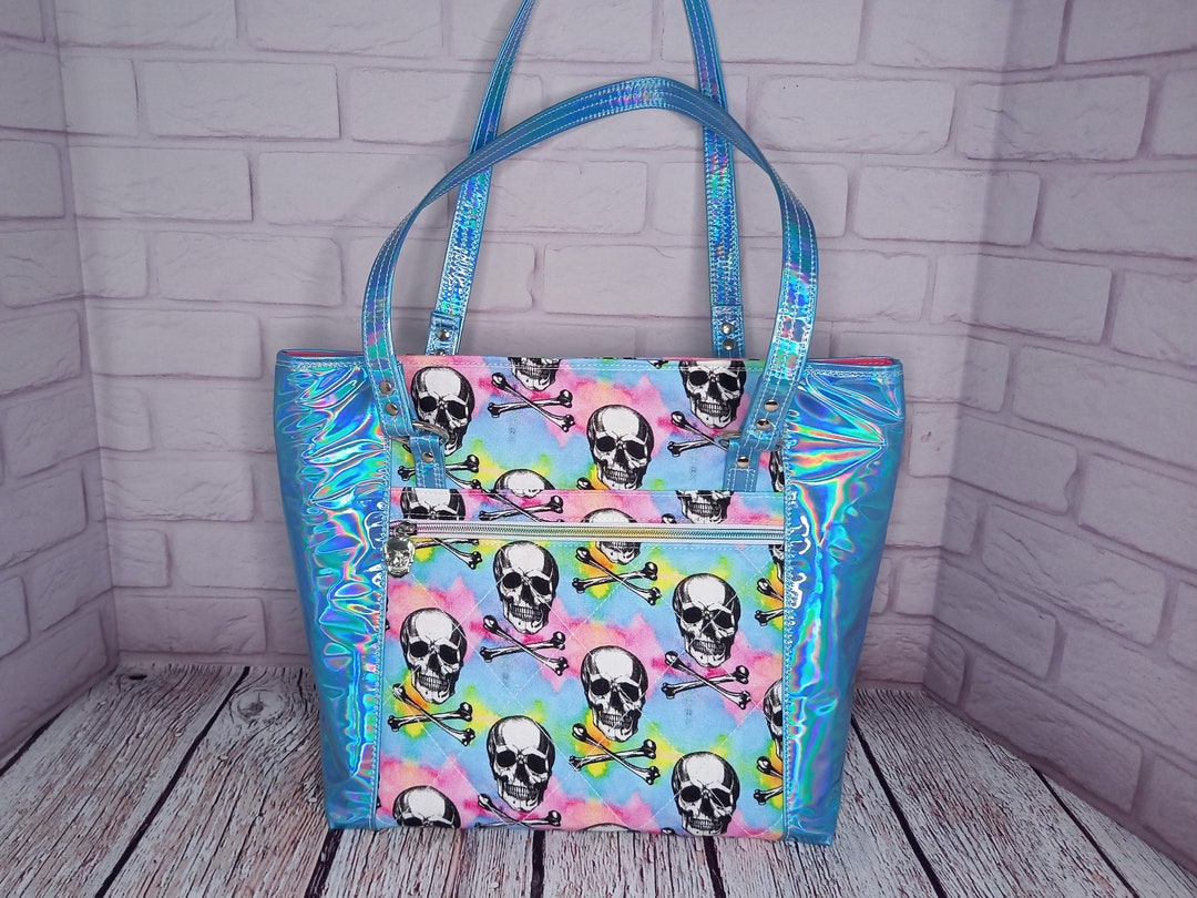 Skull X-bones Luxury Handbag Tote. Rainbow, Faux Leather, Handmade ...