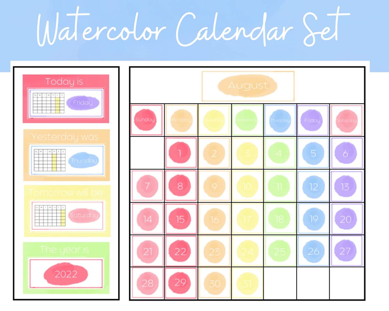 Watercolor Calendar Set for the Classroom - Etsy