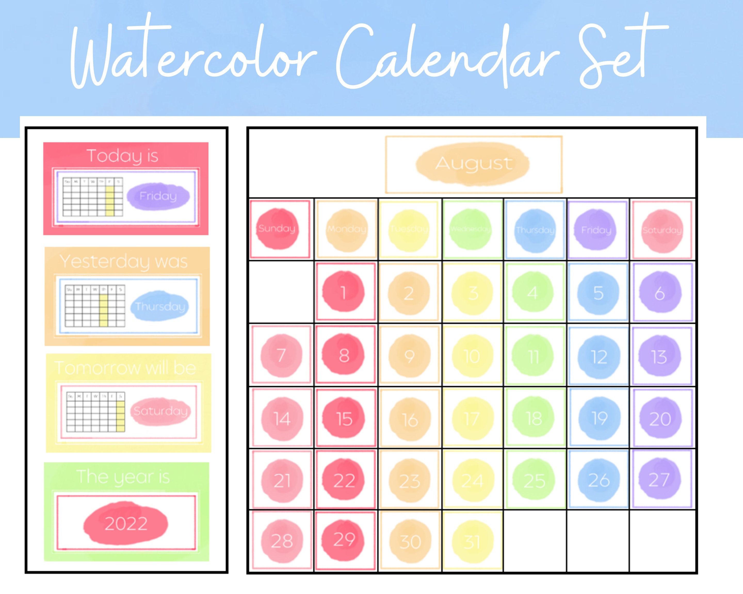 Watercolor Calendar Set for the Classroom - Etsy
