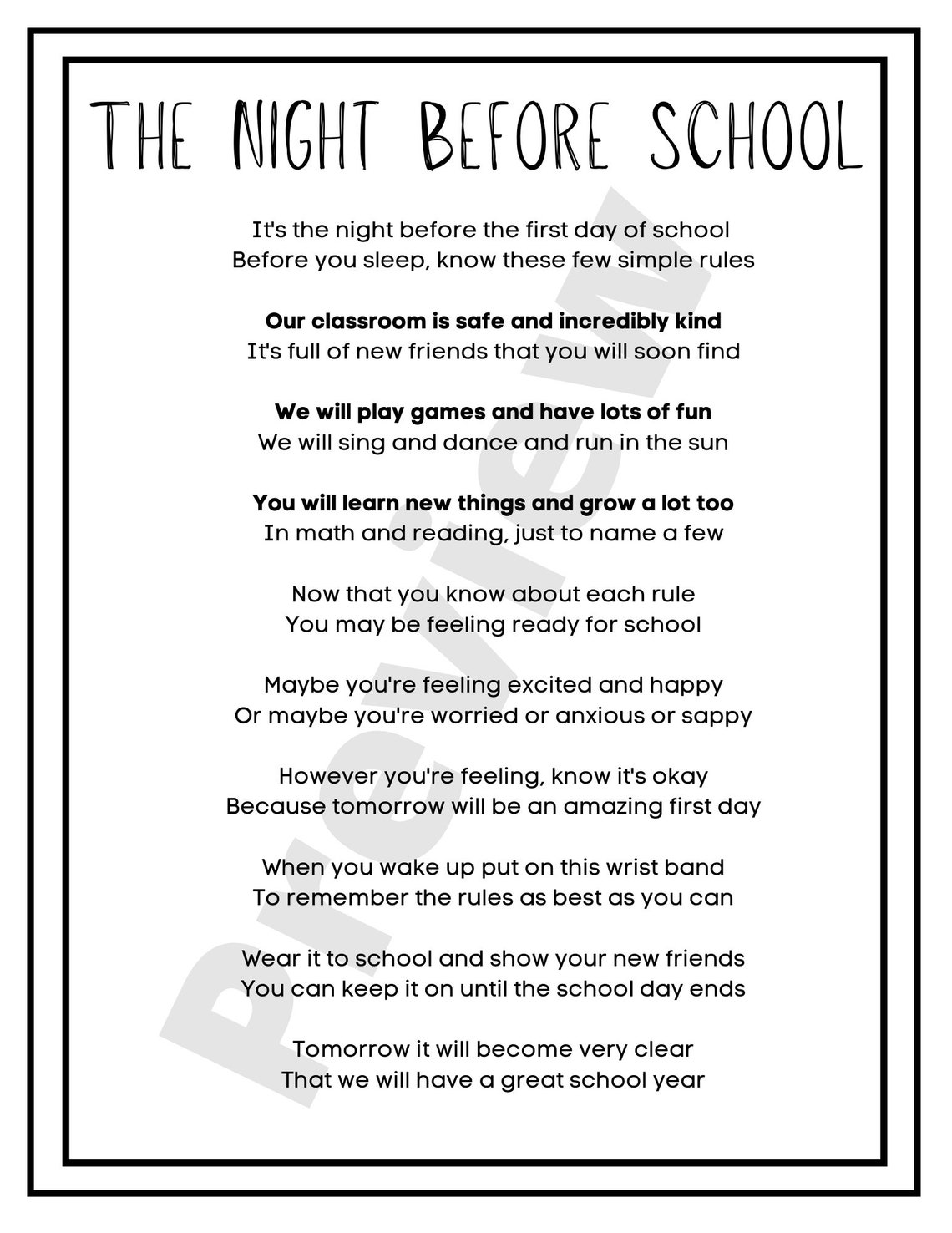 The Night Before School Poem - Gift for Students / Meet the Teacher ...