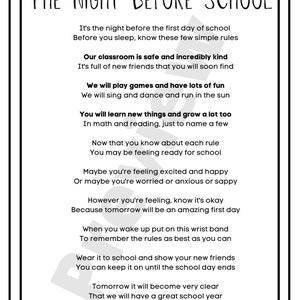 The Night Before School Poem - Gift for Students / Meet the Teacher ...