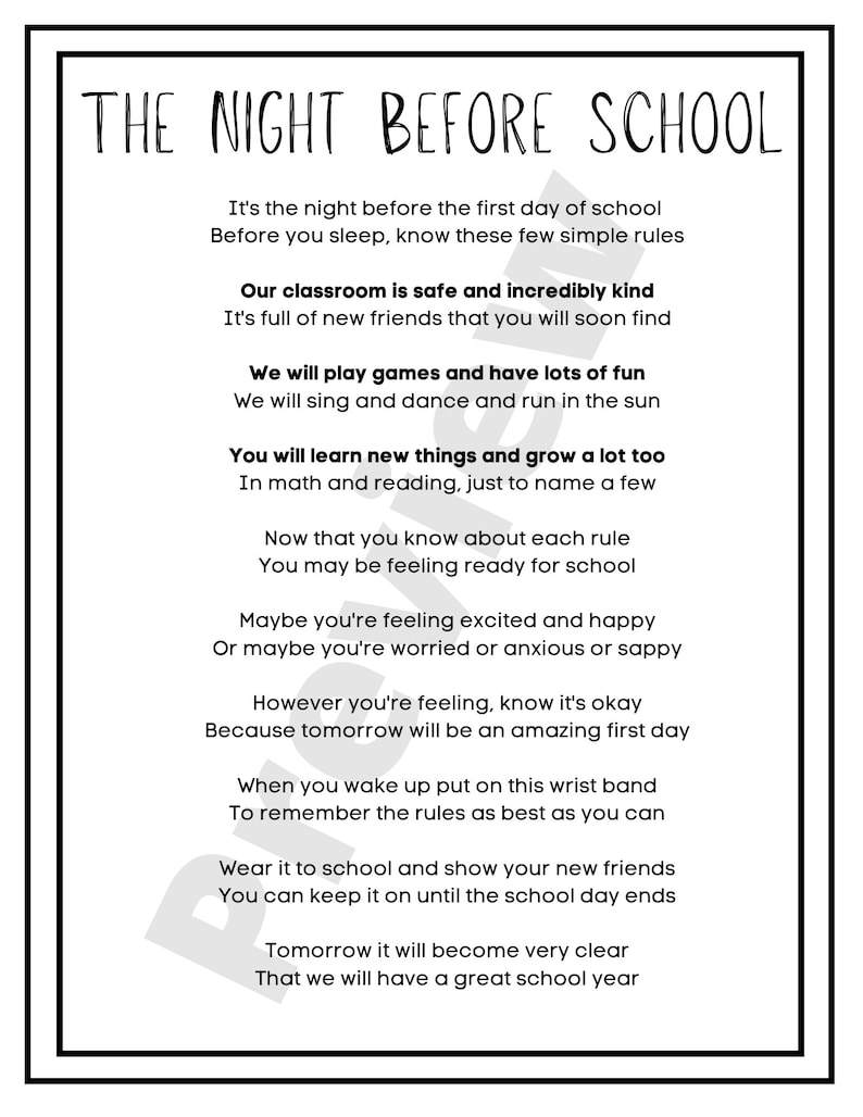 The Night Before School Poem - Gift for Students / Meet the Teacher ...