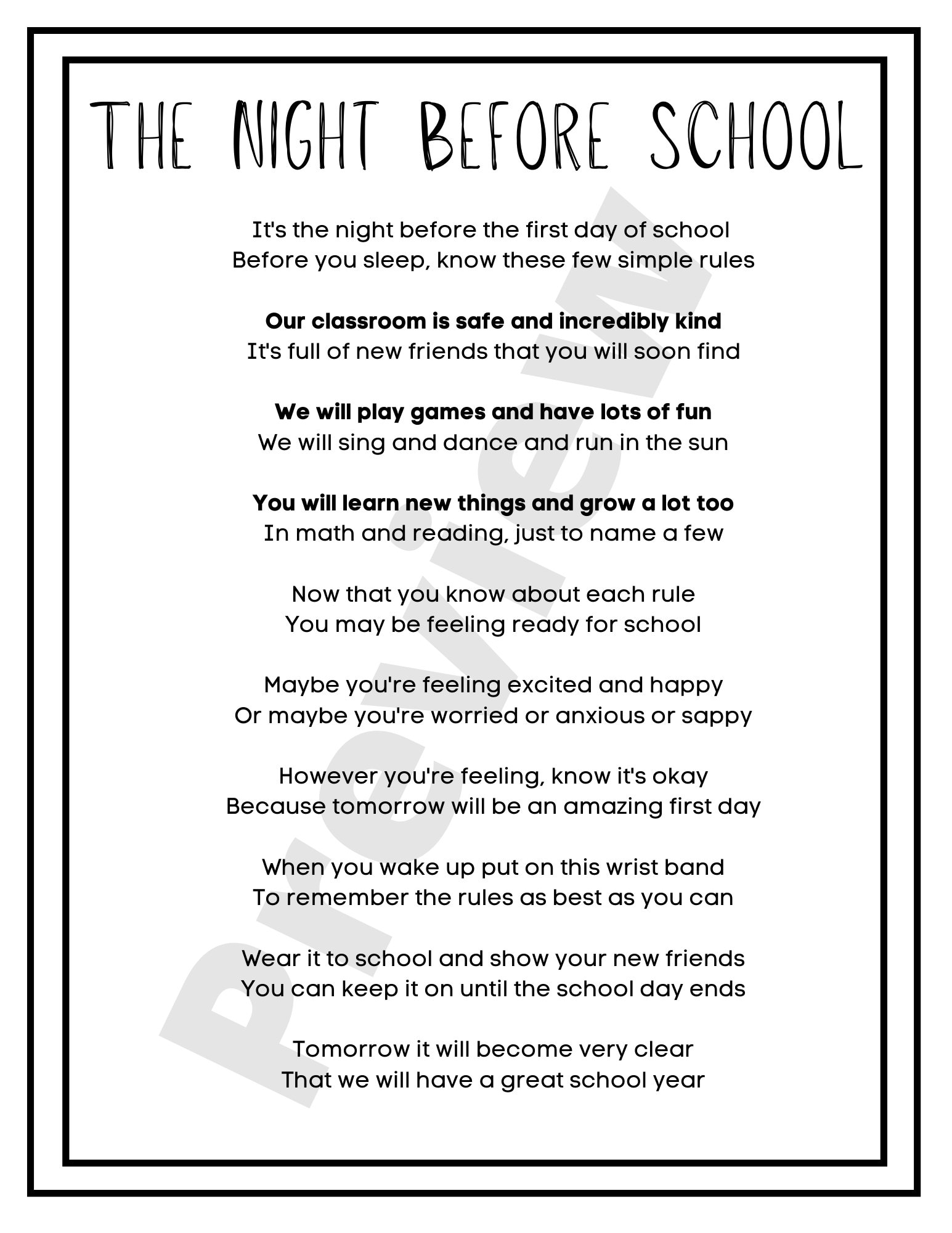 The Night Before School Poem - Gift for Students / Meet the Teacher ...