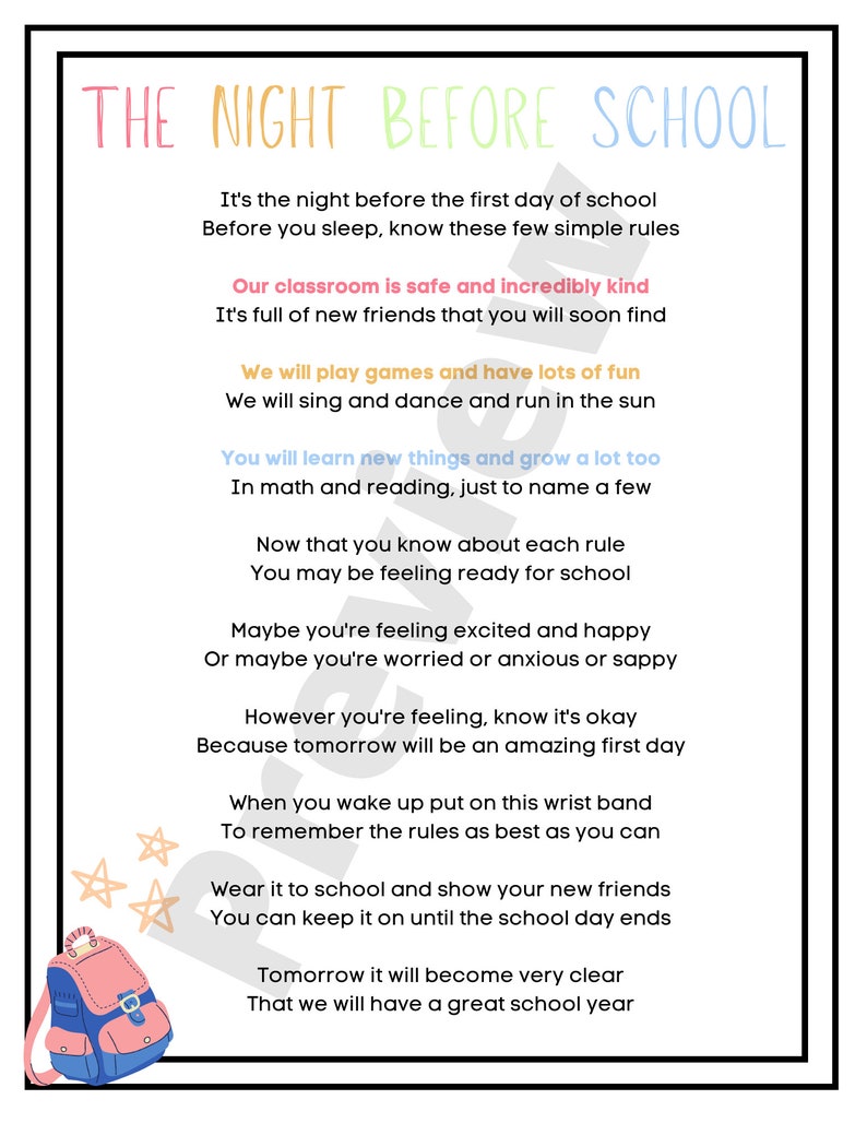 The Night Before School Poem - Gift for Students / Meet the Teacher ...
