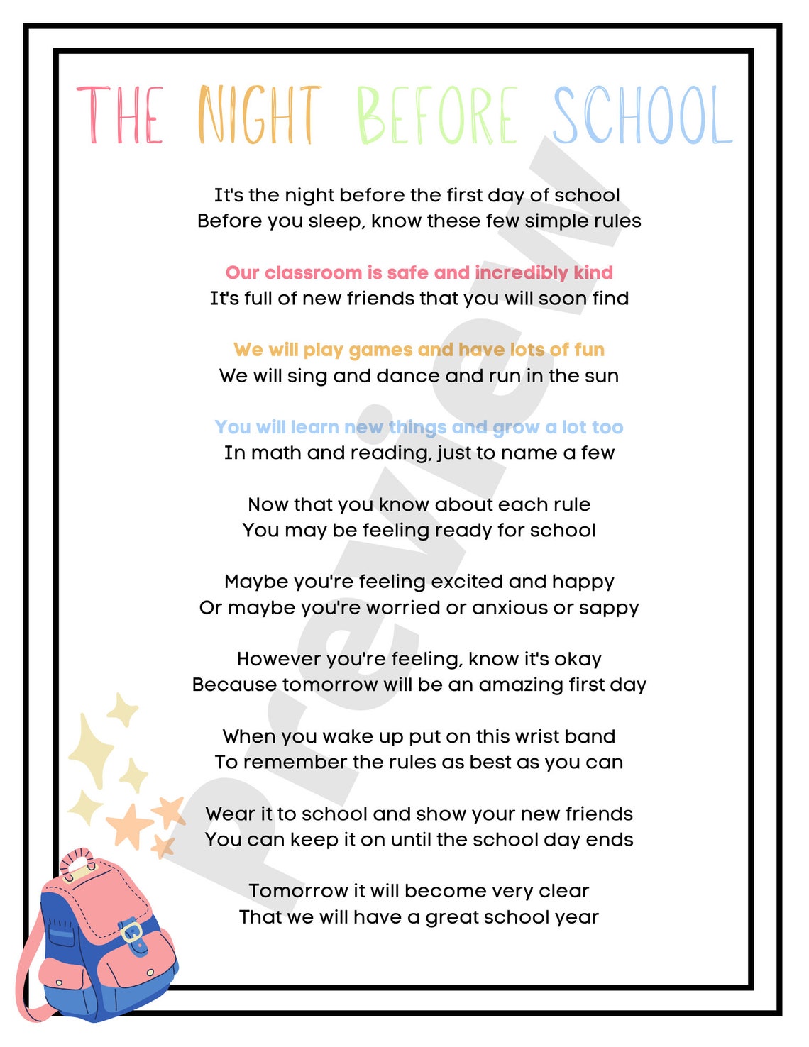 The Night Before School Poem - Gift for Students / Meet the Teacher ...