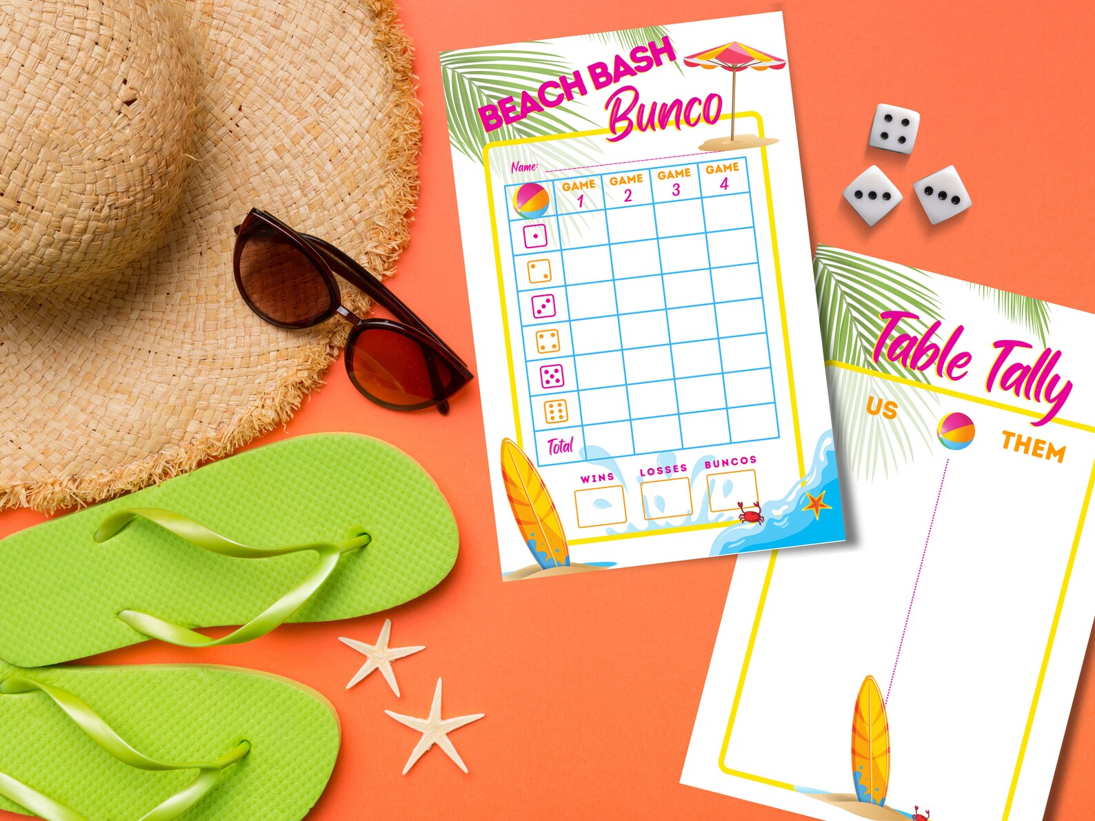 Printable Beach Bash Bunco Set With Scorecards, Tally Sheets, Table ...