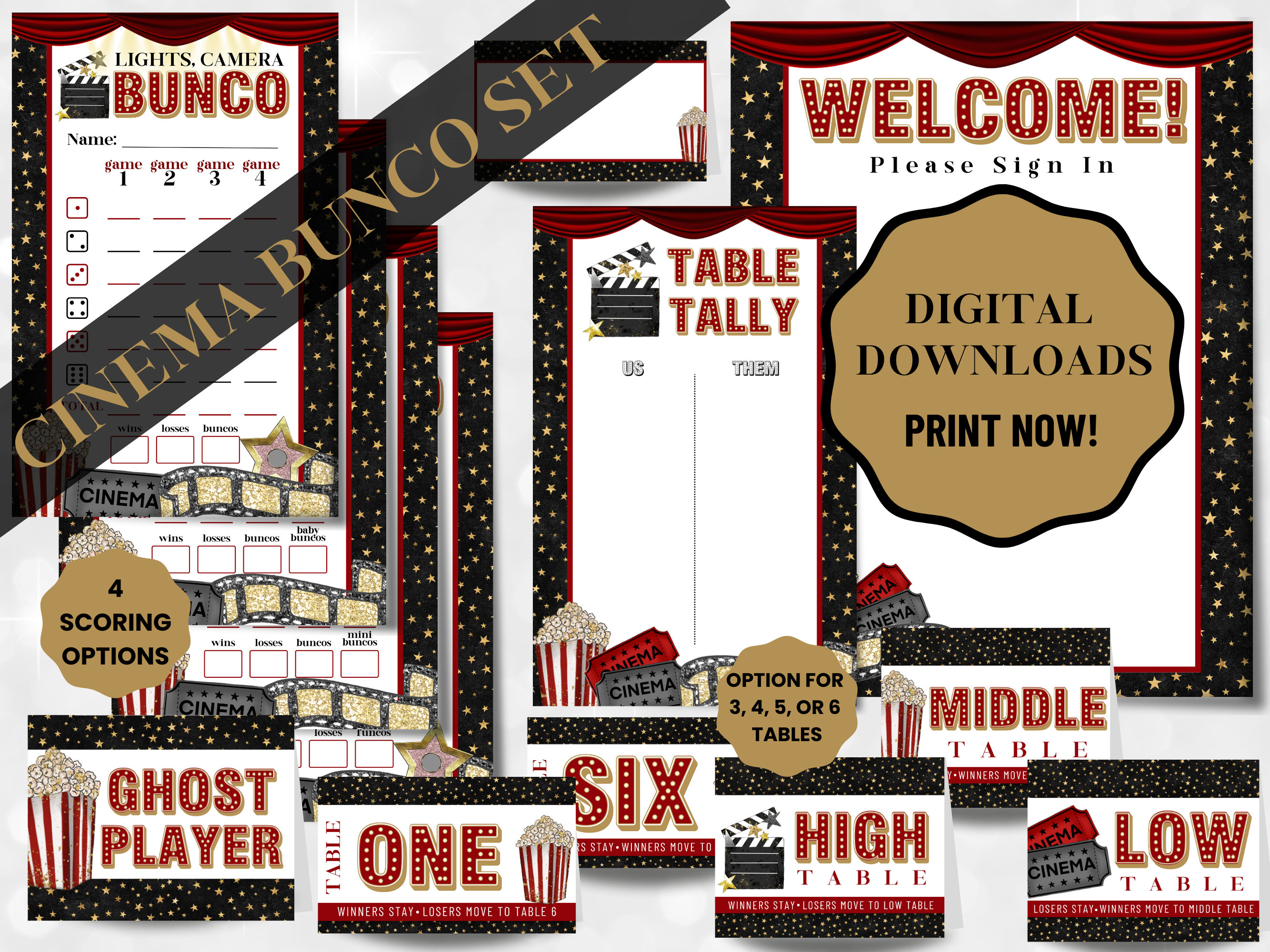 Printable Movie Night Bunco Set With Scorecards, Tally Sheets, Table ...