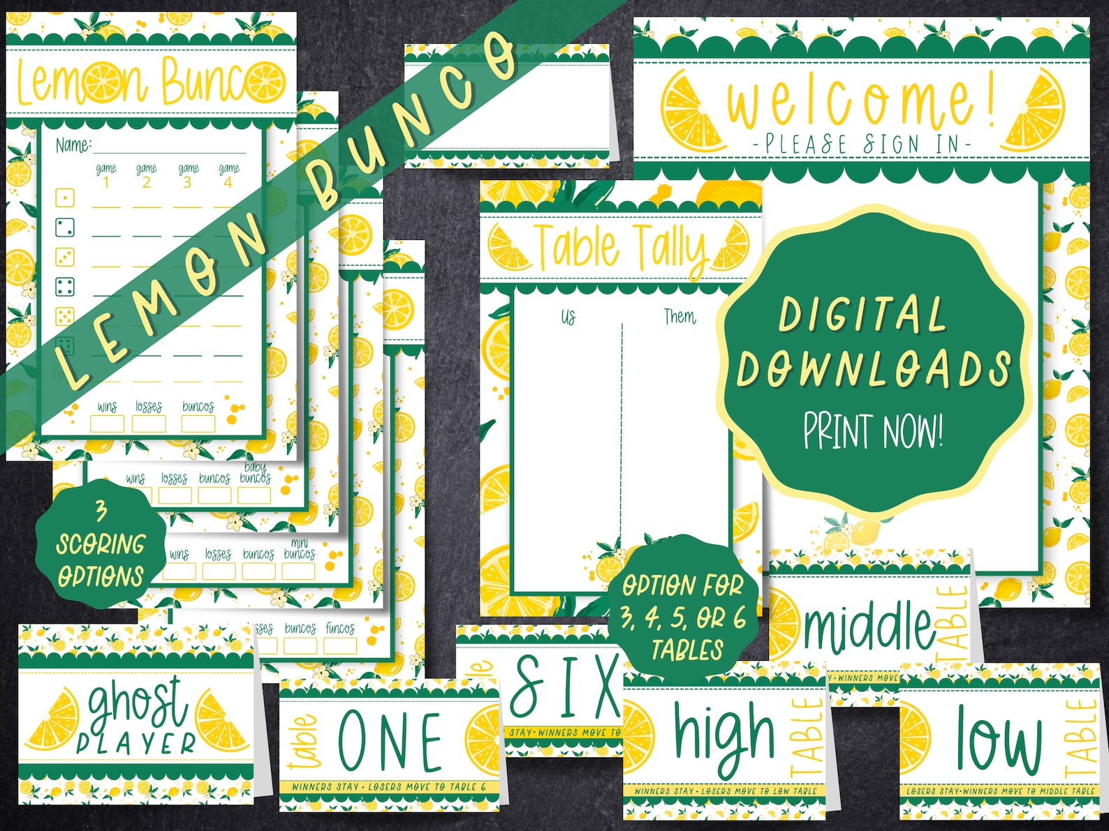 Printable Lemon Bunco Set With Scorecards, Tally Sheets, Table Numbers ...