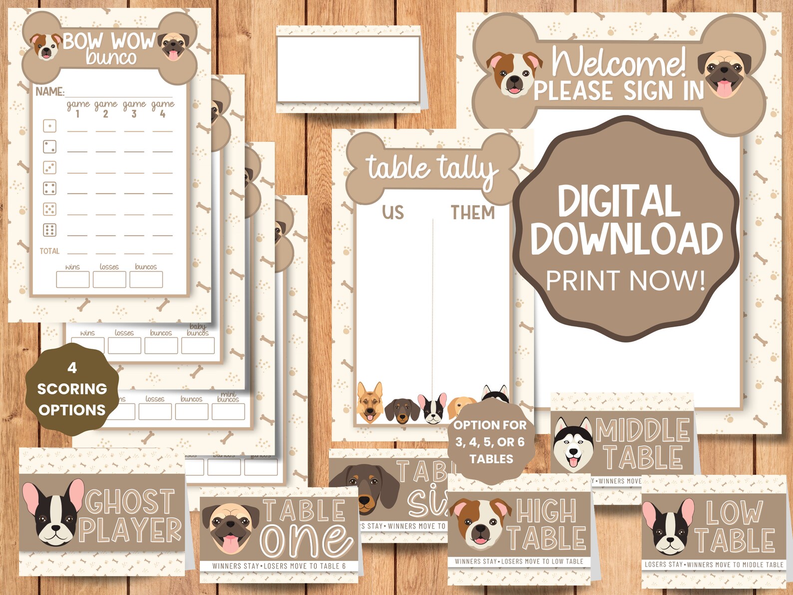 Printable Bow Wow Bunco for Dog Lovers Set With Score Sheets, Tally ...