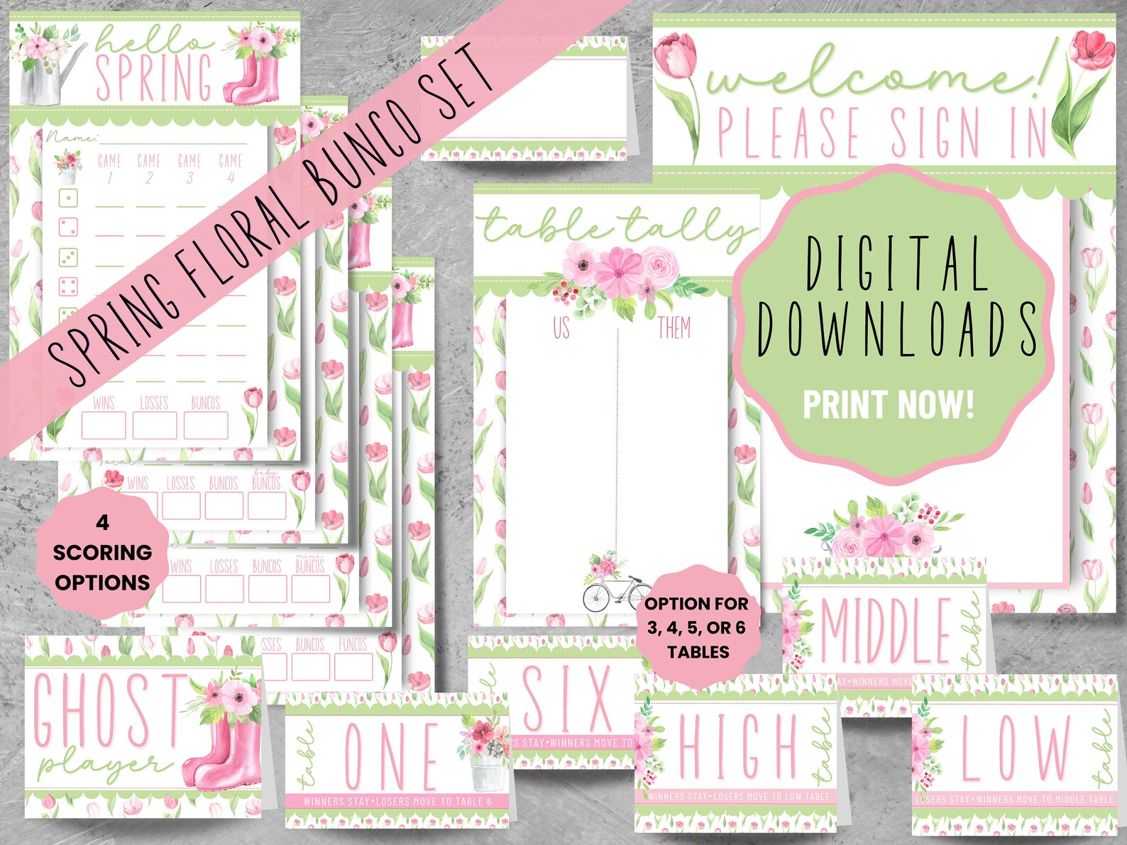 Printable Spring Flowers Bunco Set With Scorecards, Tally Sheets, Table ...