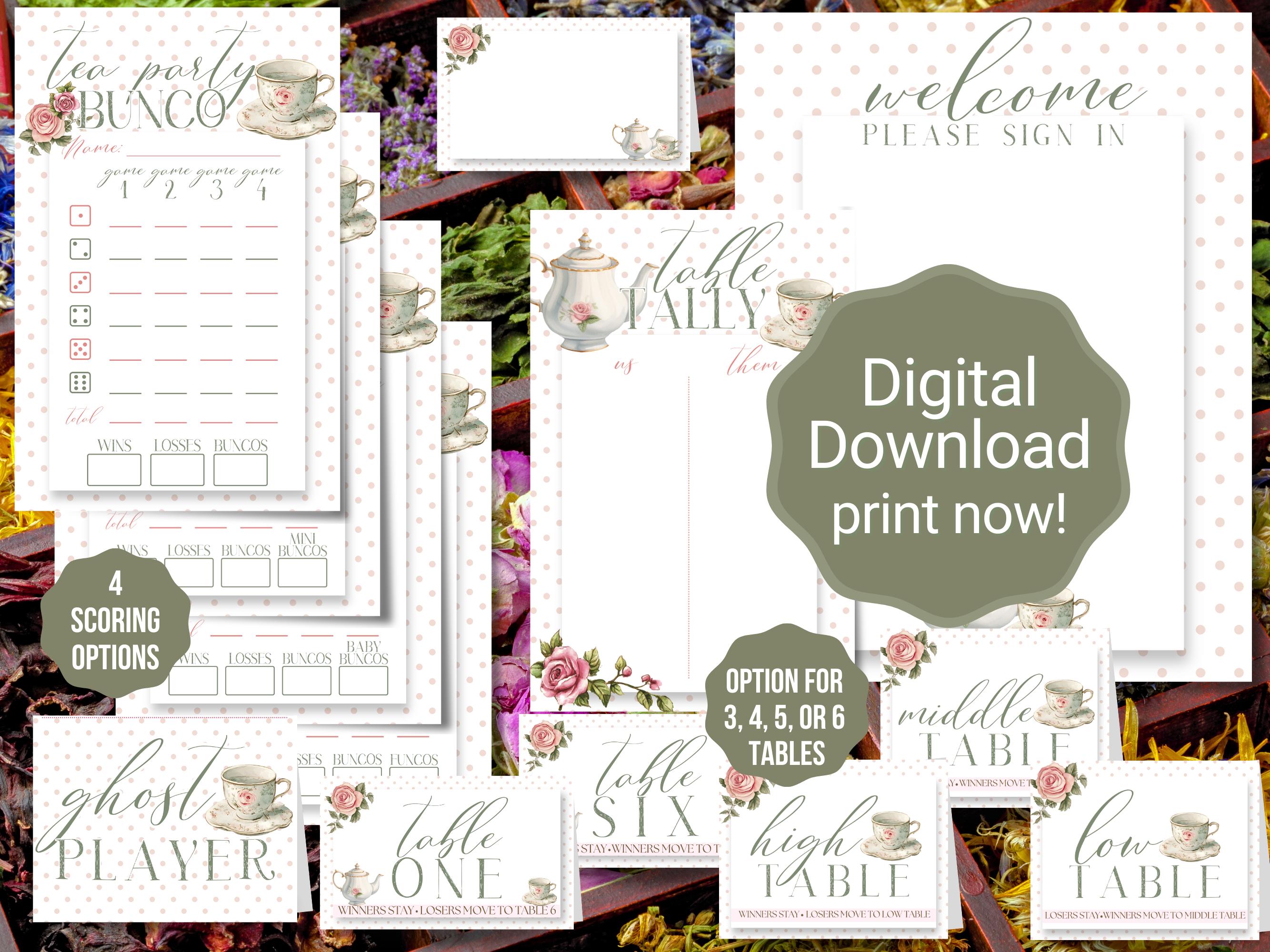 Printable Tea Party Bunco Set With Scorecards, Tally Sheets, Table ...