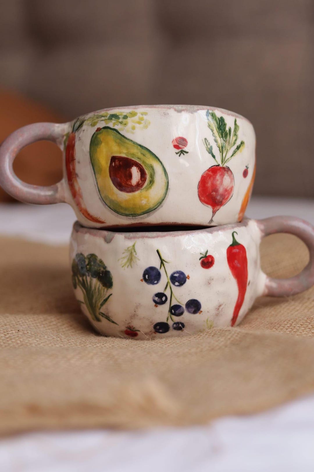 Handmade Ceramic Mug Set Unique Fruit and Vegetable Hand Painted Design ...