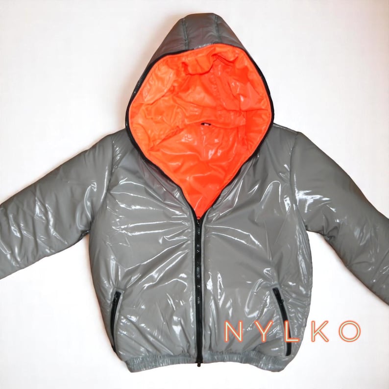 Glossy Nylon Lacquer PVC Wetlook Shiny Nylon Jacket With 15 Mm Padding ...