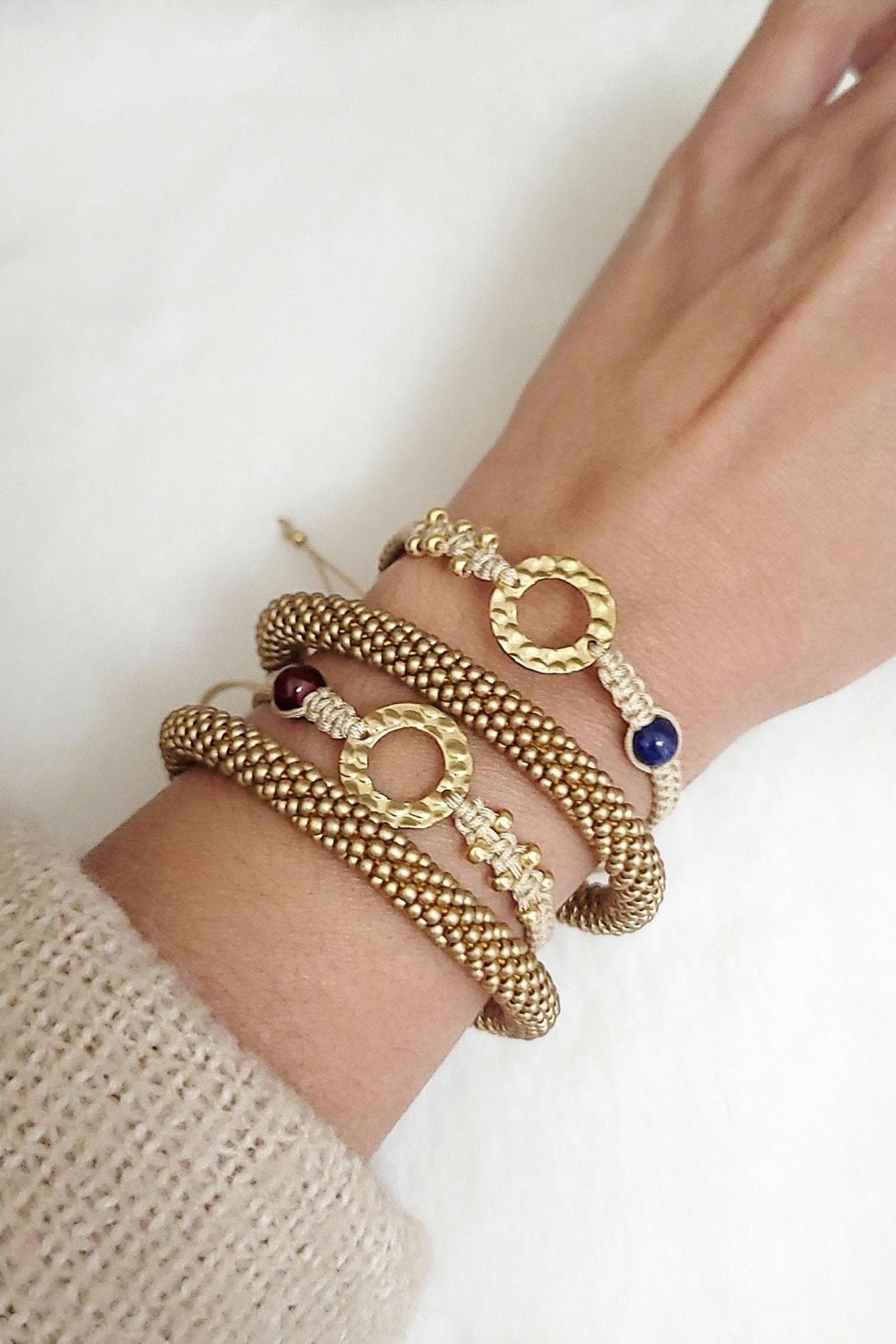 Set of Matte Gold Crochet and Macramé Bracelets – Featuring a Hammered ...